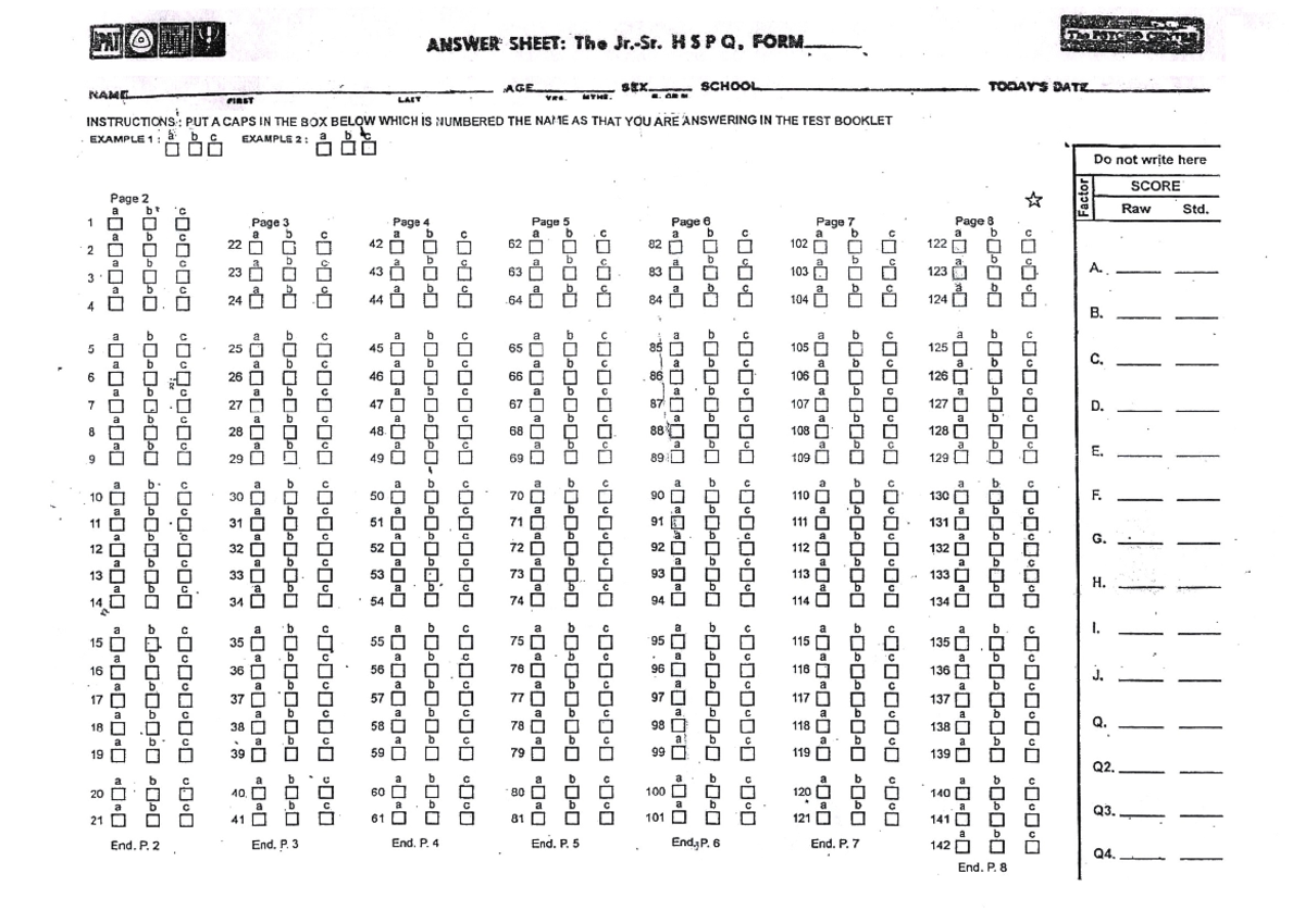 HSPQ answer sheet - Masters in psychology - Studocu