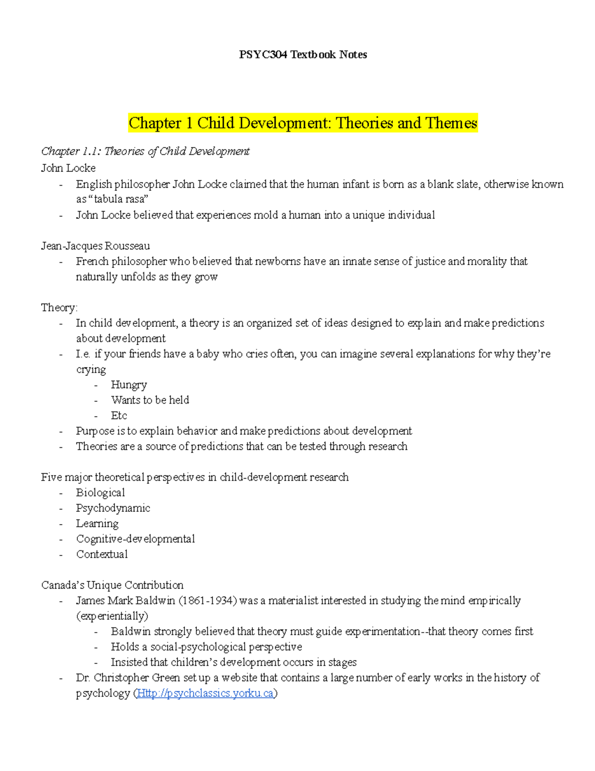 PSYC 304 Textbook Notes - PSYC304 Textbook Notes Chapter 1 Child ...
