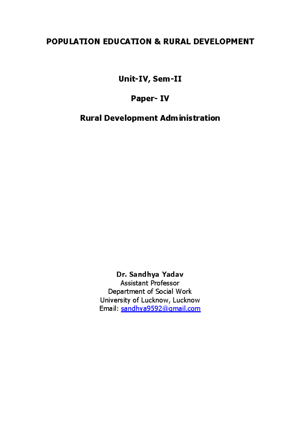 Unit 3 - Rural Development: Administration and Planning - POPULATION ...