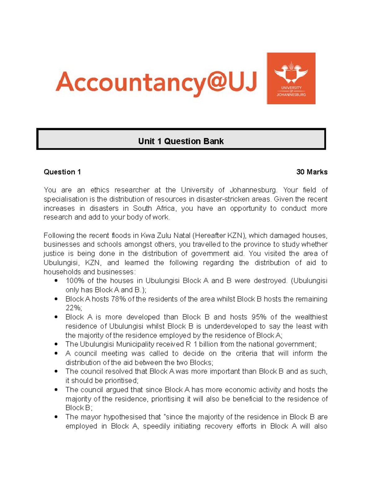 Unit 1 Question Bank - Unit 1 Question Bank Question 1 30 Marks You are ...