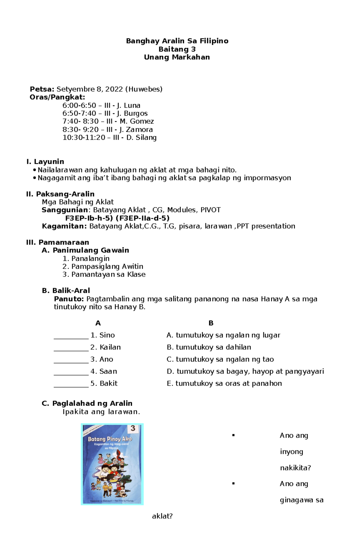 Filipino Q1-WEEK 2 DAY 1-5 - Banghay Aralin Sa Filipino Baitang 3 Unang ...