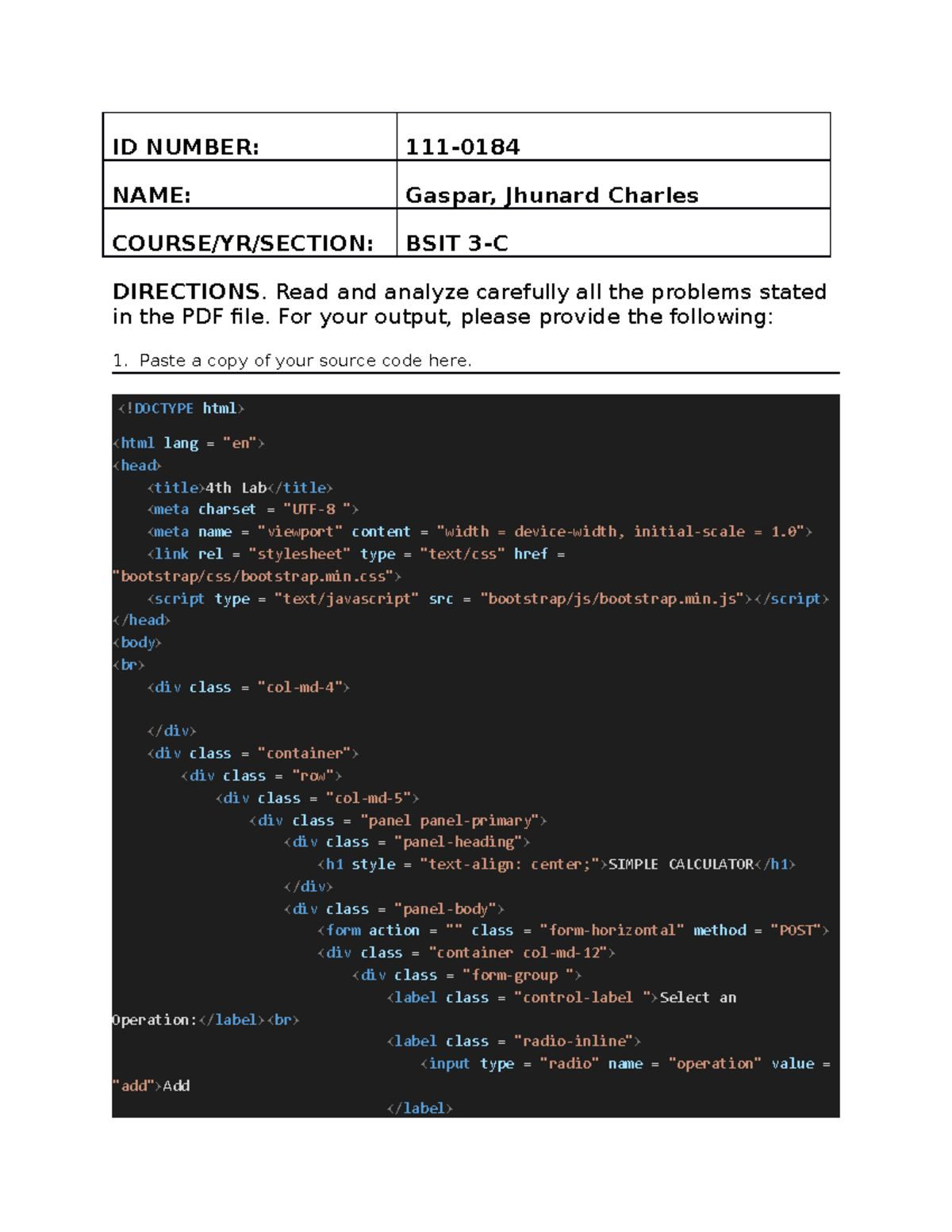 Lab-Activity-4-PART-2-Output (JPGaspar) - ID NUMBER: 111- NAME: Gaspar, Jhunard Charles - Studocu