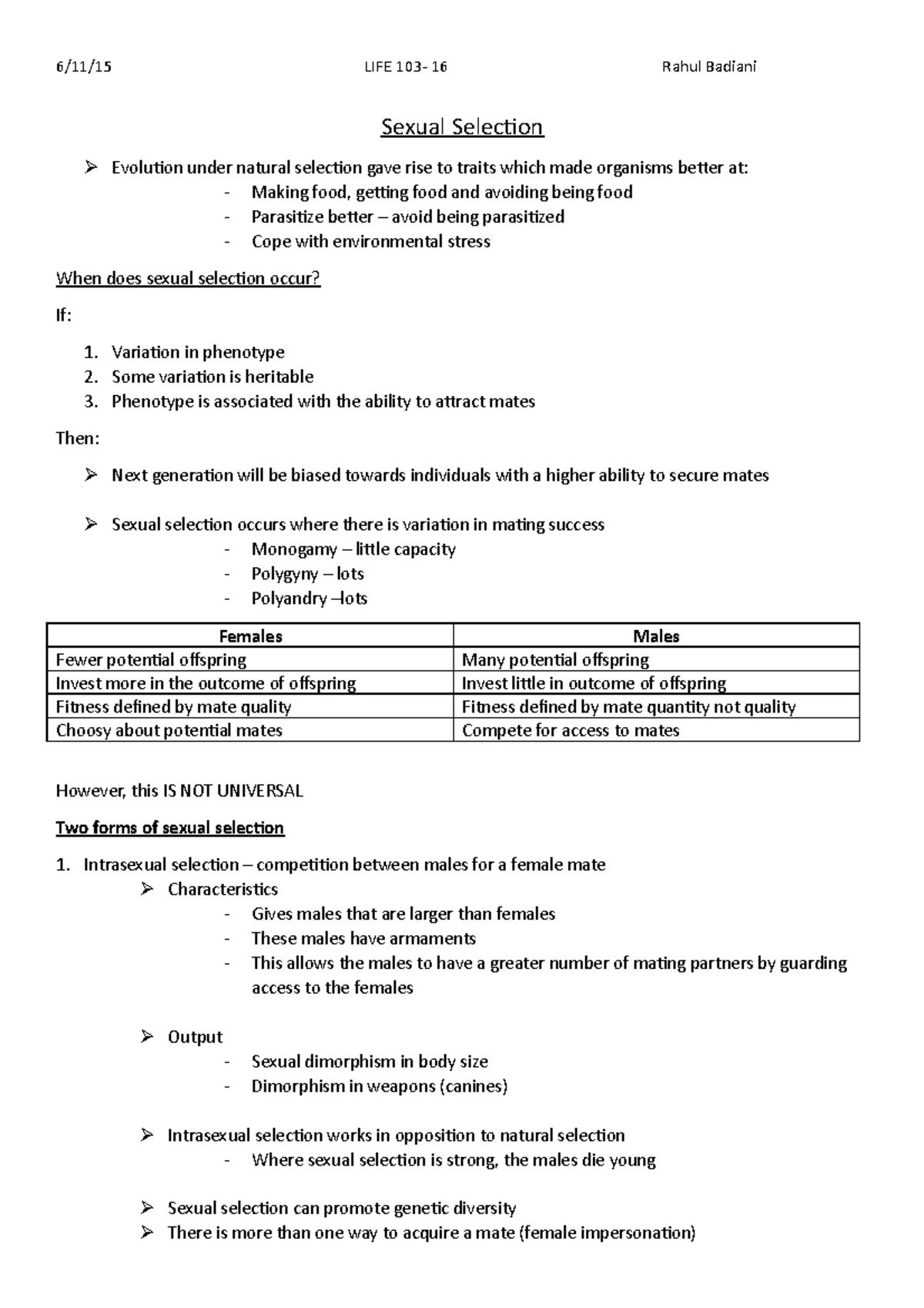 16 - Sexual Selection - 6/11/15 LIFE 103- 16 Rahul Badiani Sexual ...