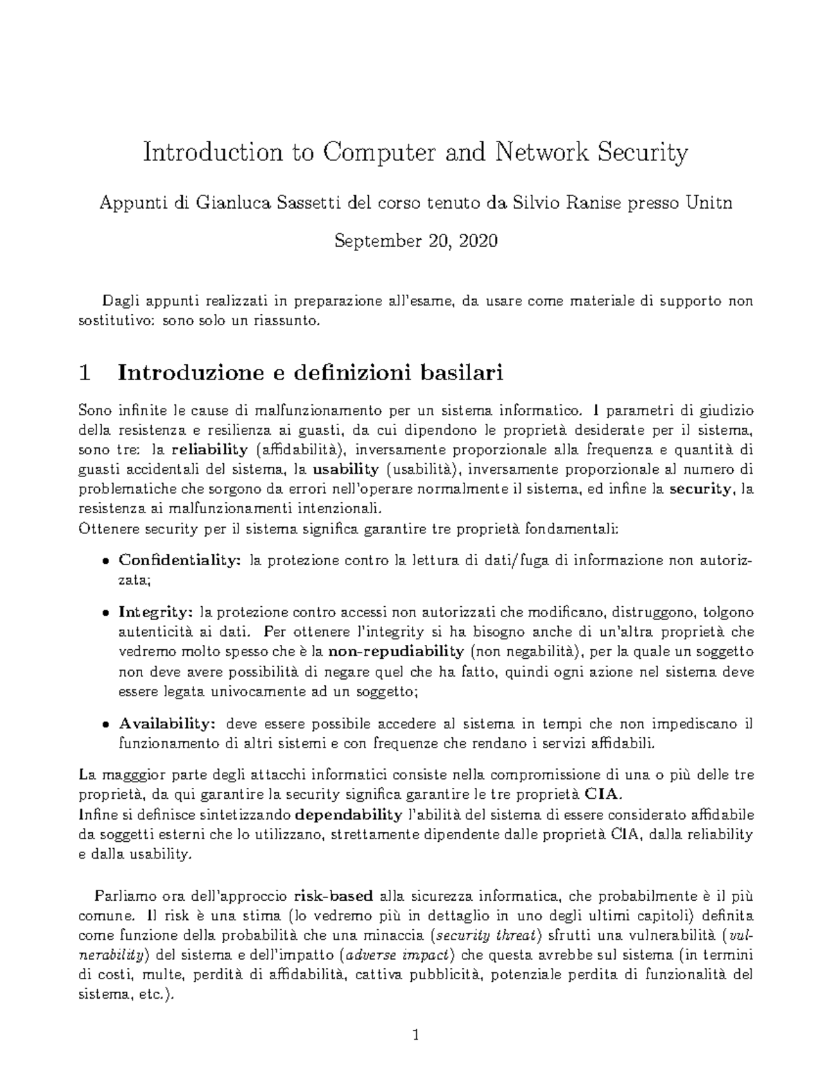 Appunti Intro 2cns - Introduction to Computer and Network Security Appunti di Gianluca Sassetti ...
