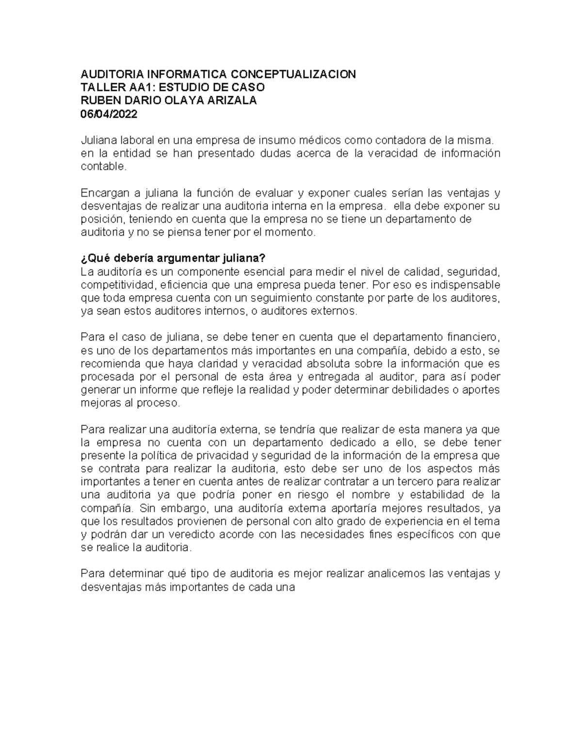 Taller 1 Estudio DE CASO Ruben Dario Olaya Arizala - AUDITORIA ...