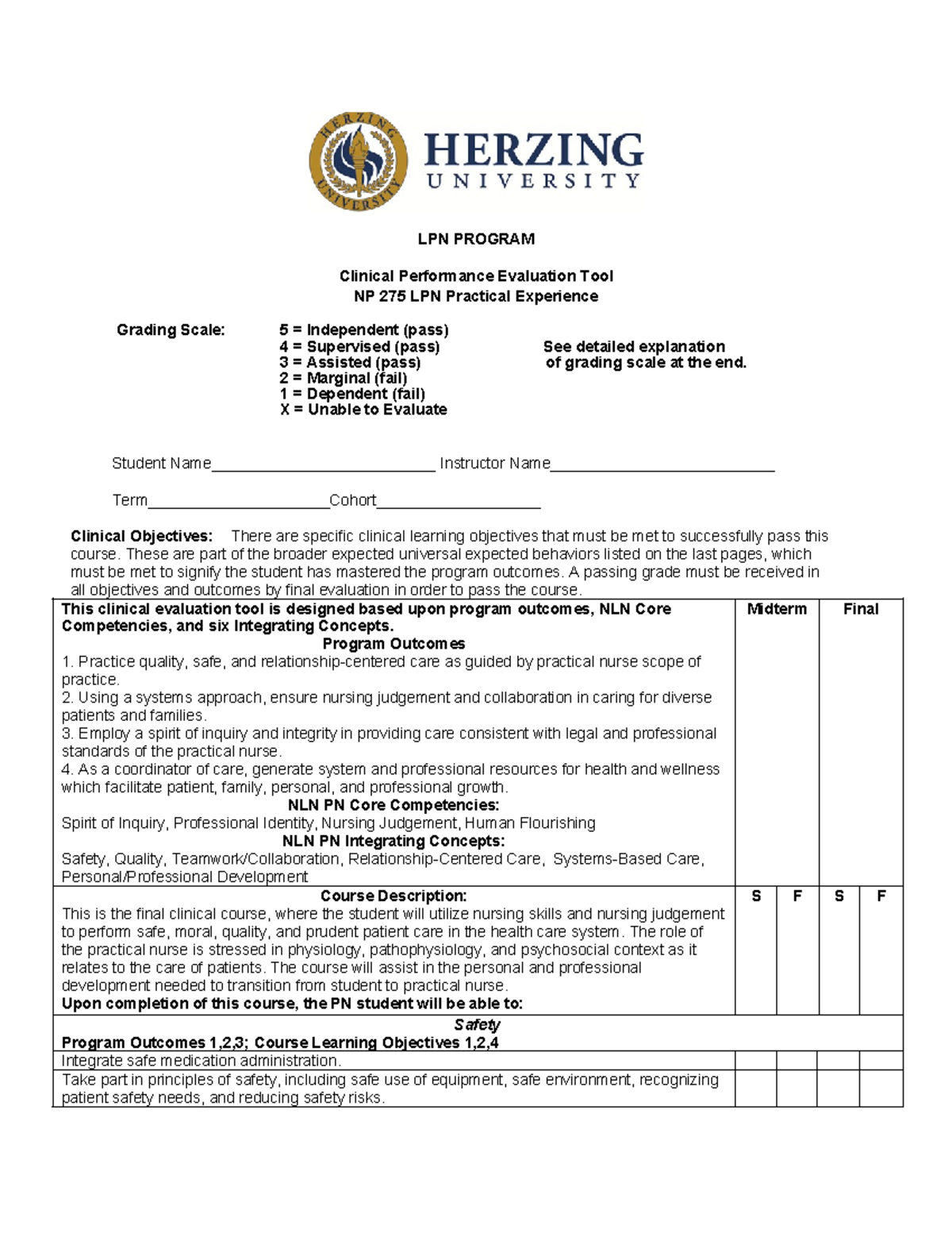 Herzing University NP275 LPN Practical Experience Student Evaluation ...
