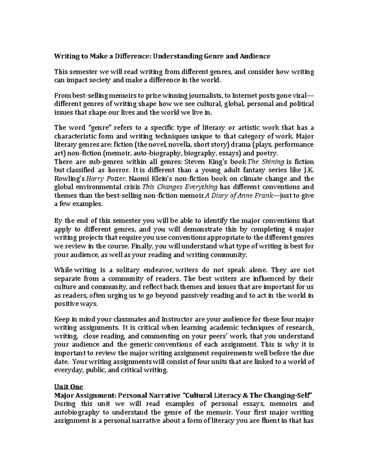 Major Writing Assignment Descriptions - Writing to Make a Difference ...