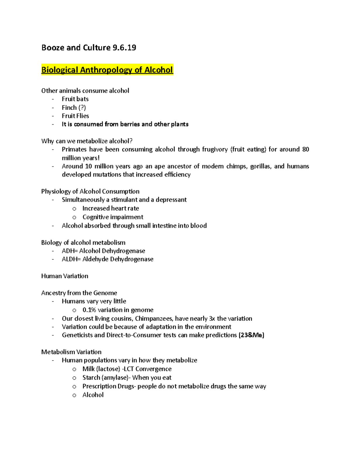 Anthropology of Alcohol class notes - Booze and Culture 9. Biological ...