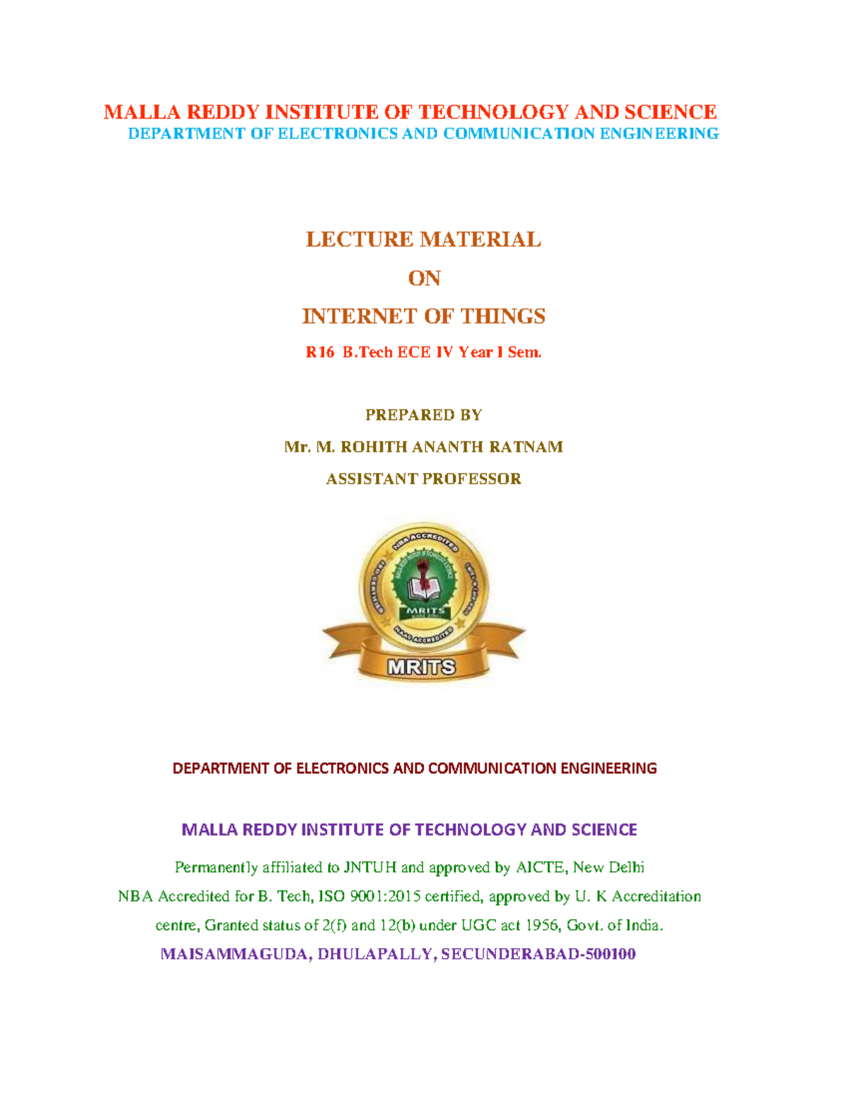 Internet of Things Lecture Material(B.Tech ECE IV-I) - MALLA REDDY ...