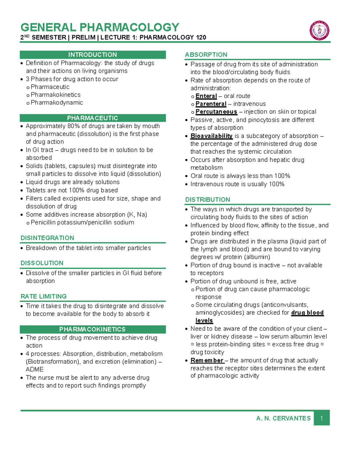 PHM - Lecutre 1 - GENERAL PHARMACOLOGY 2 ND SEMESTER | PRELIM | LECTURE ...