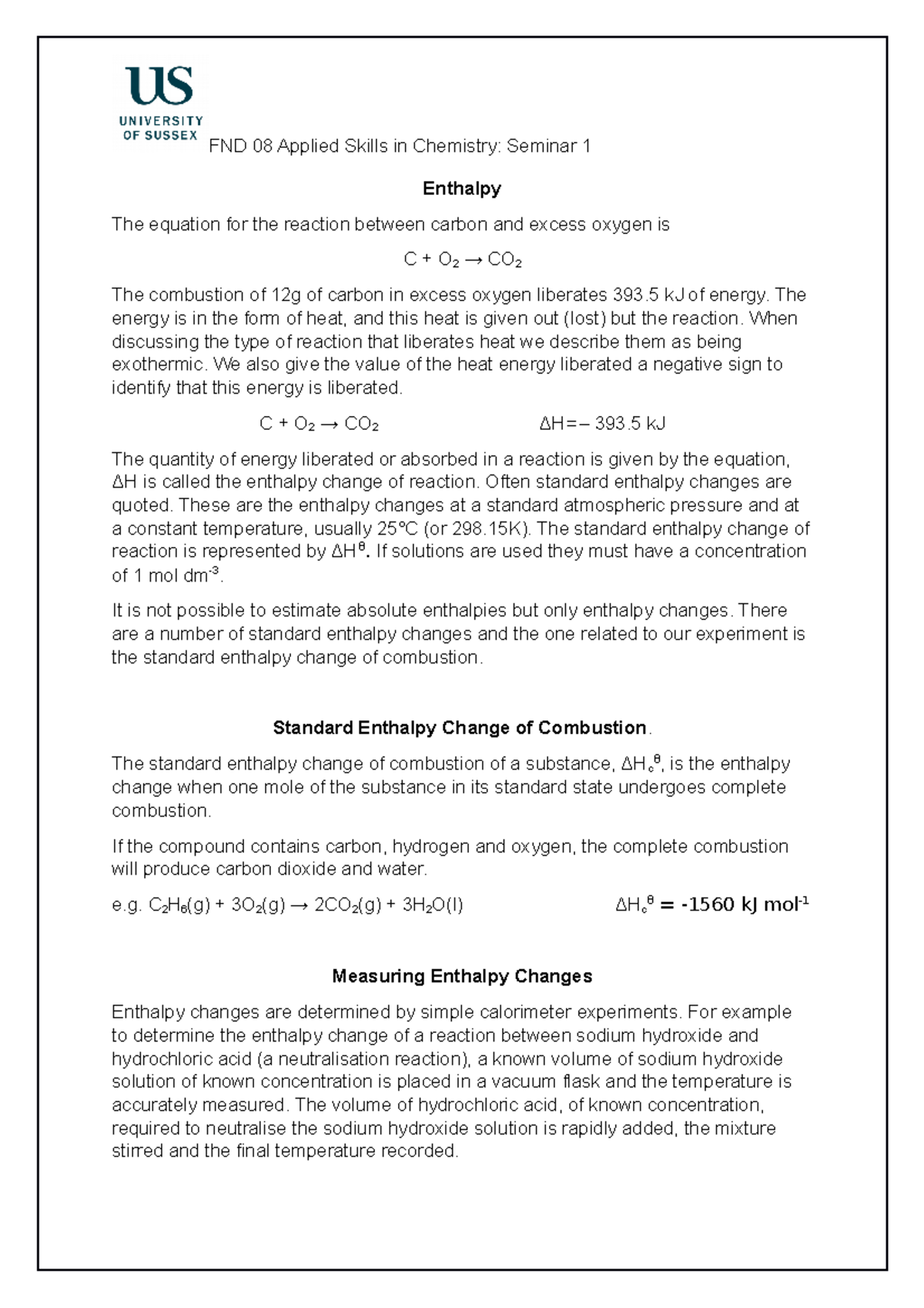Enthalpy Question and Answer Worksheet - Enthalpy The equation for the ...