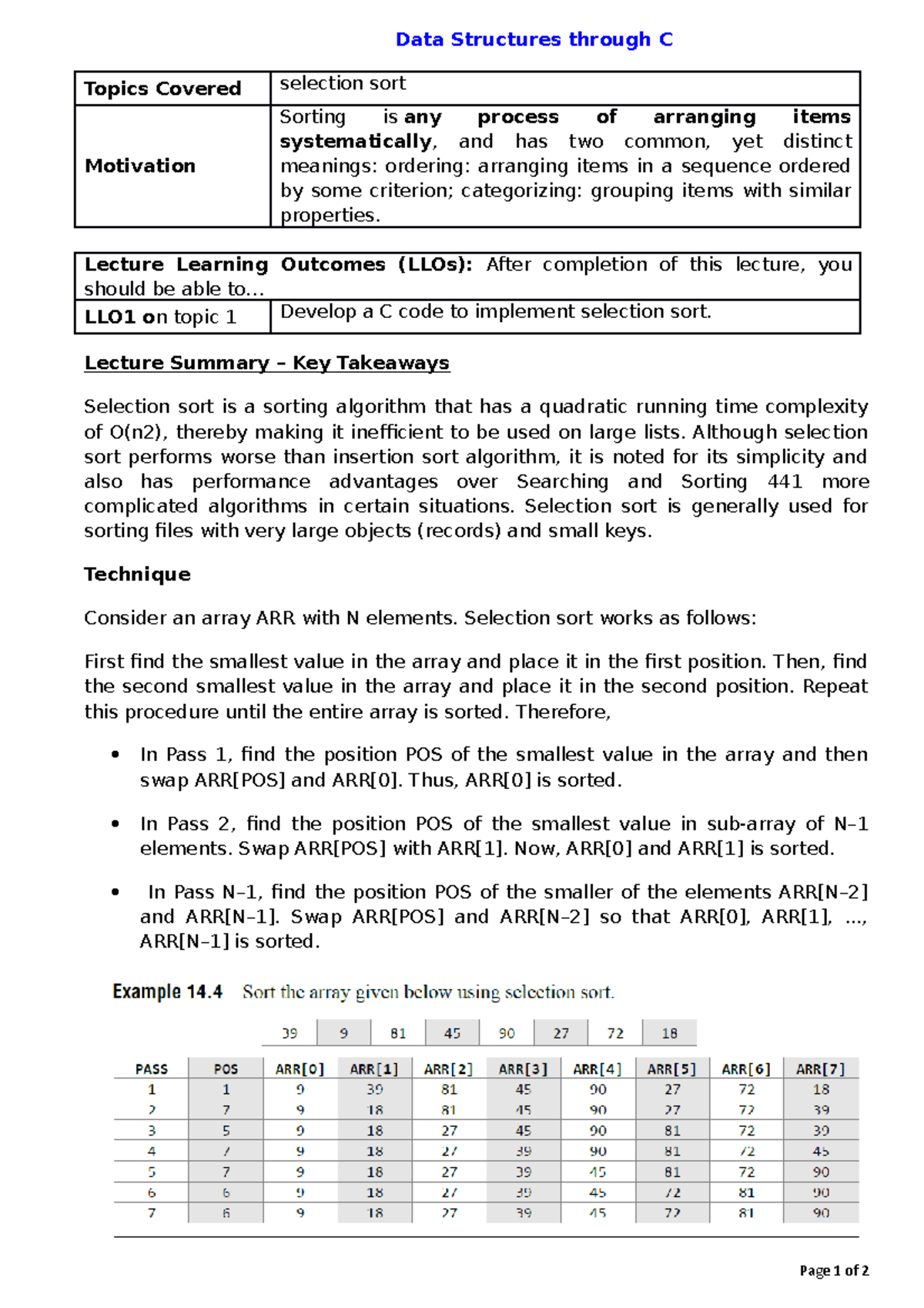 Selection Sort Data Structures Through C Topics Covered Selection Sort Motivation Sorting Is