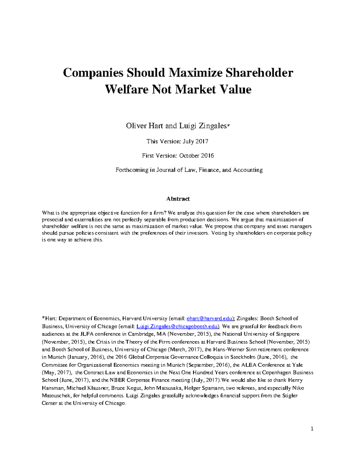 Hart - Shareholder Welfare - Companies Should Maximize Shareholder ...