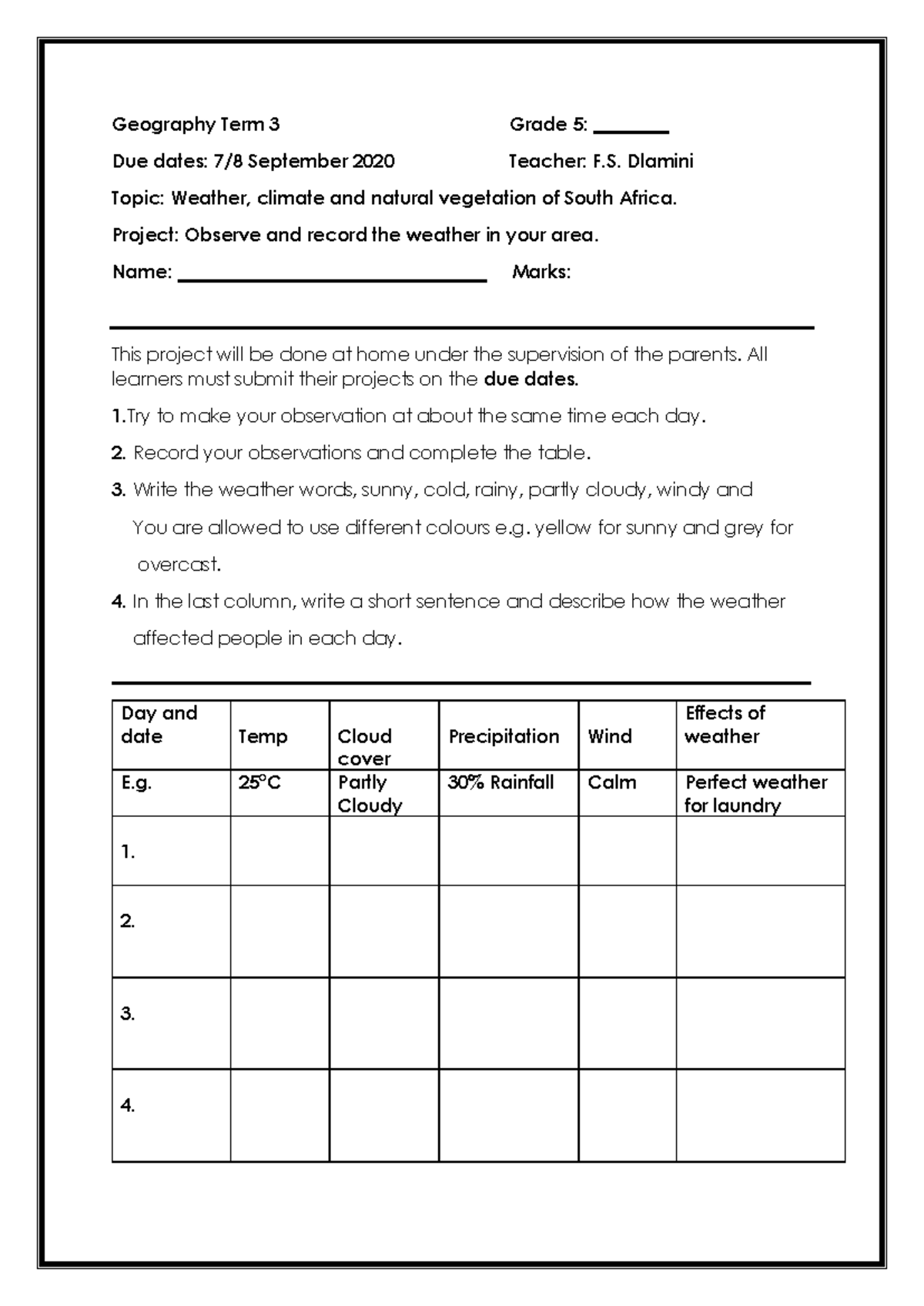 Project-geography term 3 - Geography Term 3 Grade 5: ________ Due dates ...