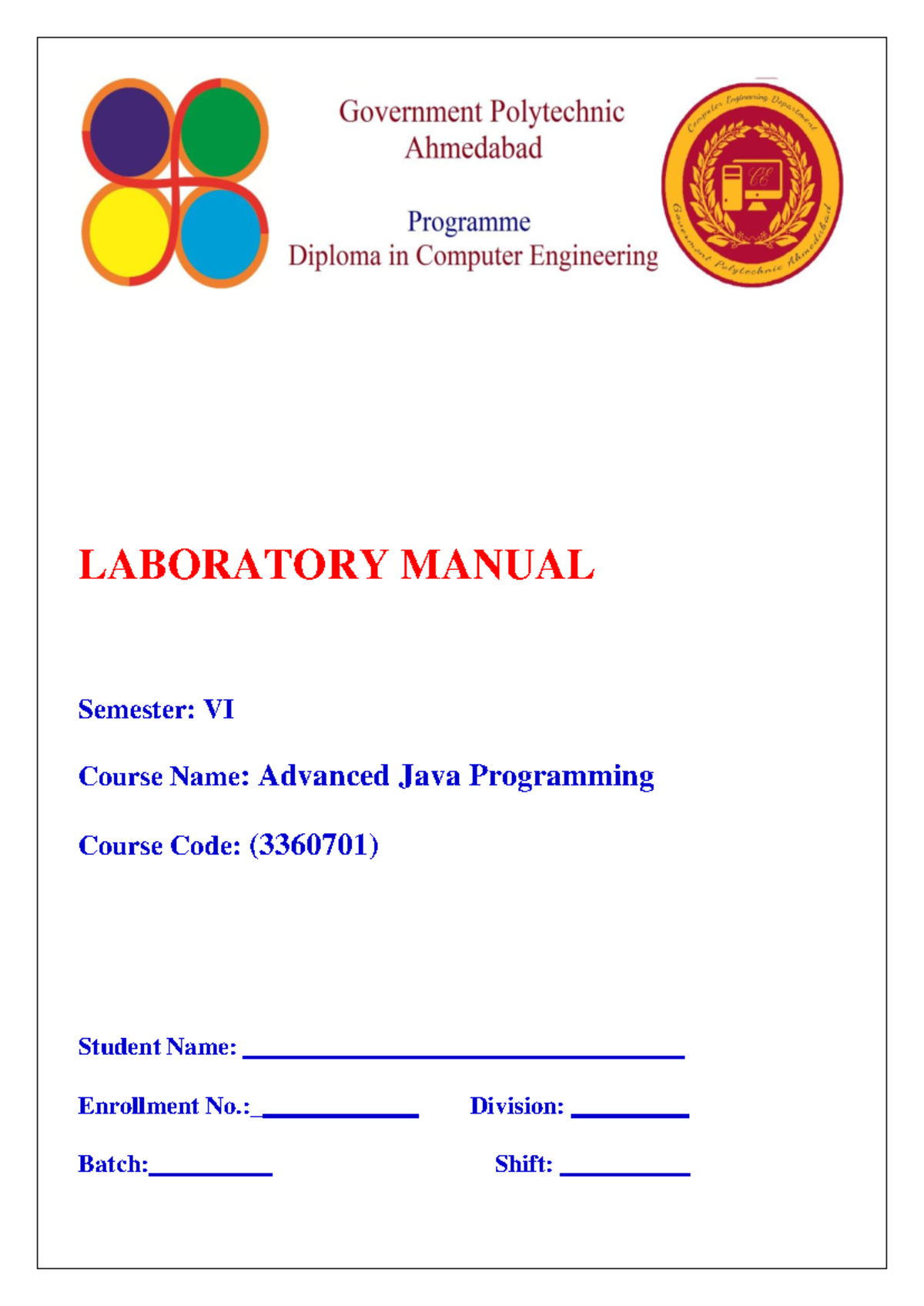 Ajava Practical X - manual - LABORATORY MANUAL Semester: VI Course Name: Advanced Java ...