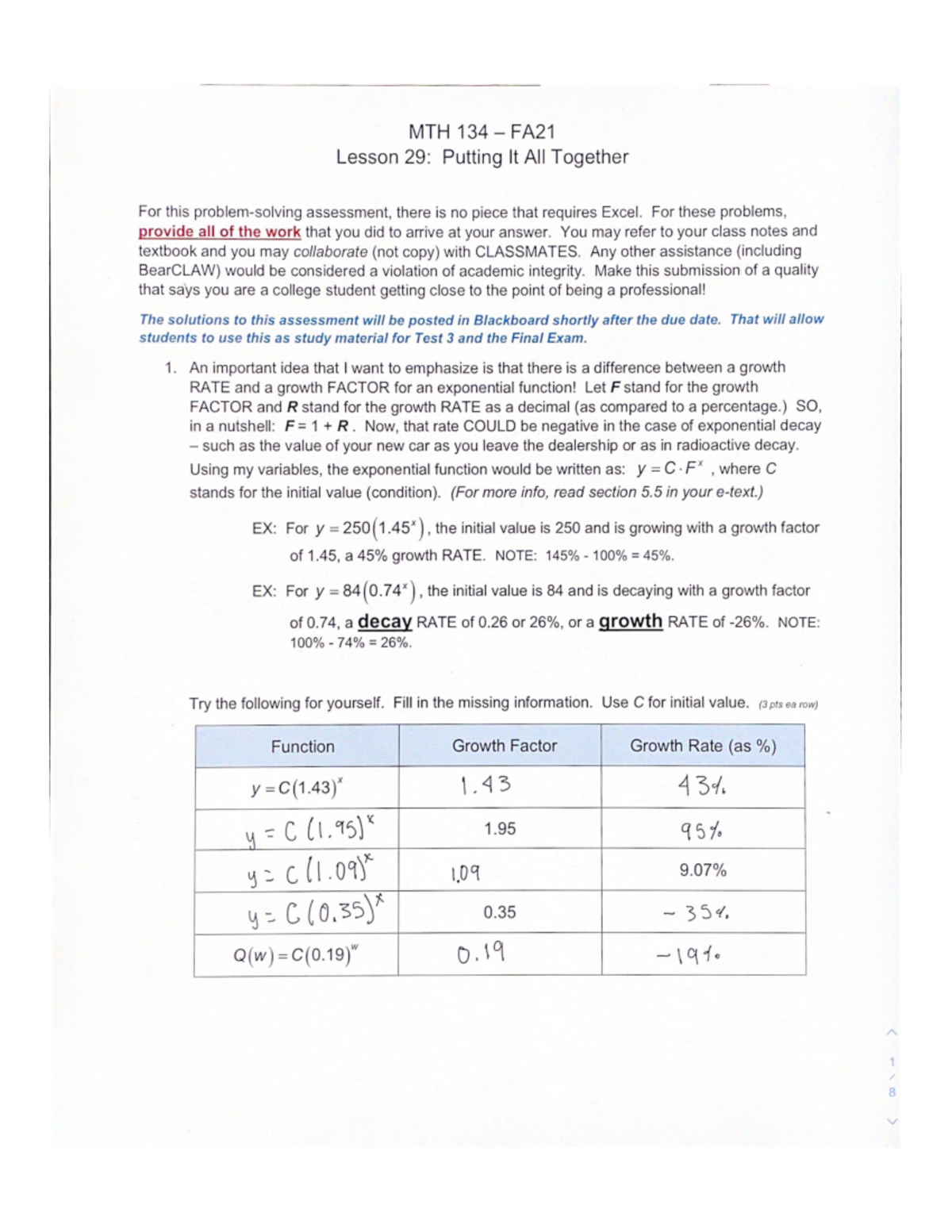 Mth 134 project 3 - MTH Lesson 29: Putting It All Together For this ...