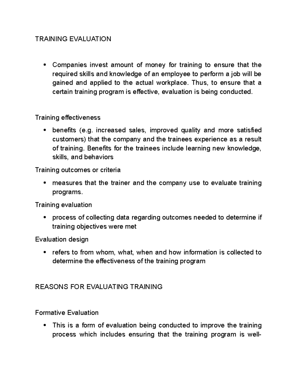 Training Evaluation - notes - TRAINING EVALUATION Companies invest ...