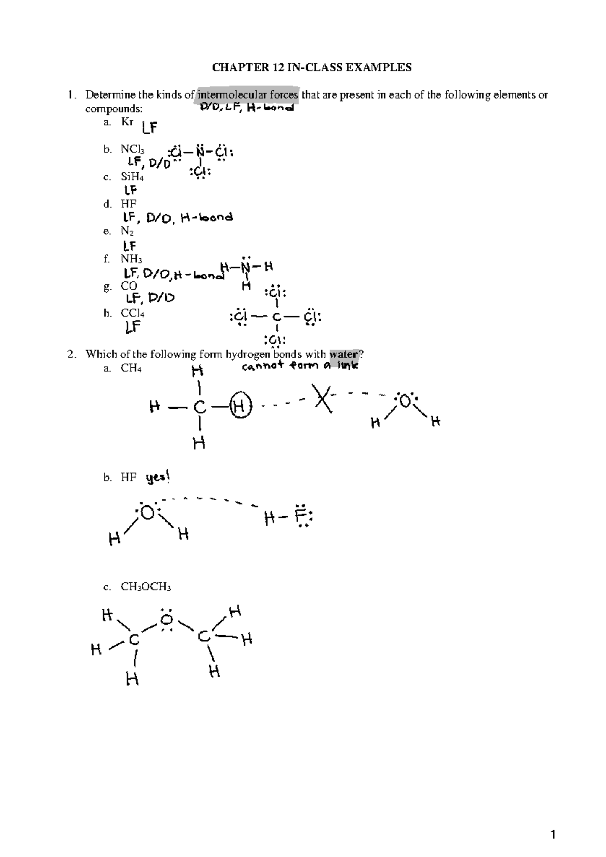 Chapter 12 In Class Examples - Determine the kinds of intermolecular ...