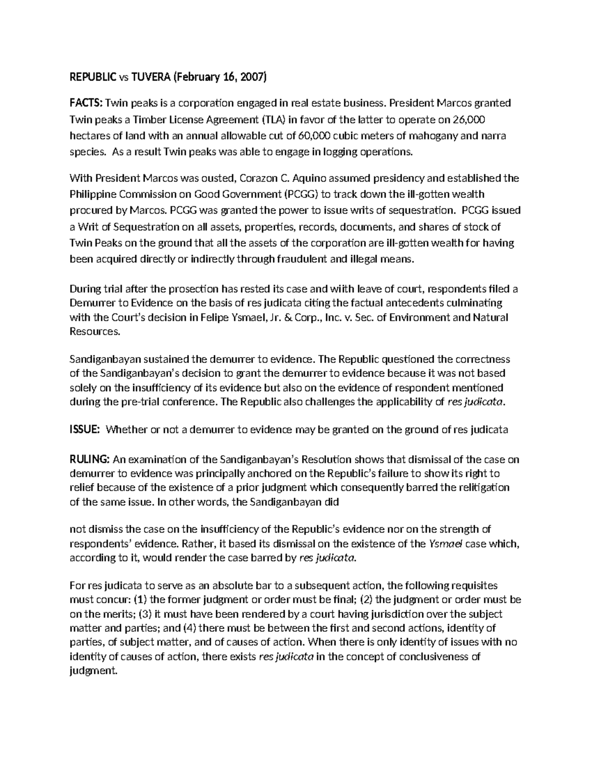 Republic vs Tuvera - REPUBLIC vs TUVERA (February 16, 2007) FACTS: Twin ...