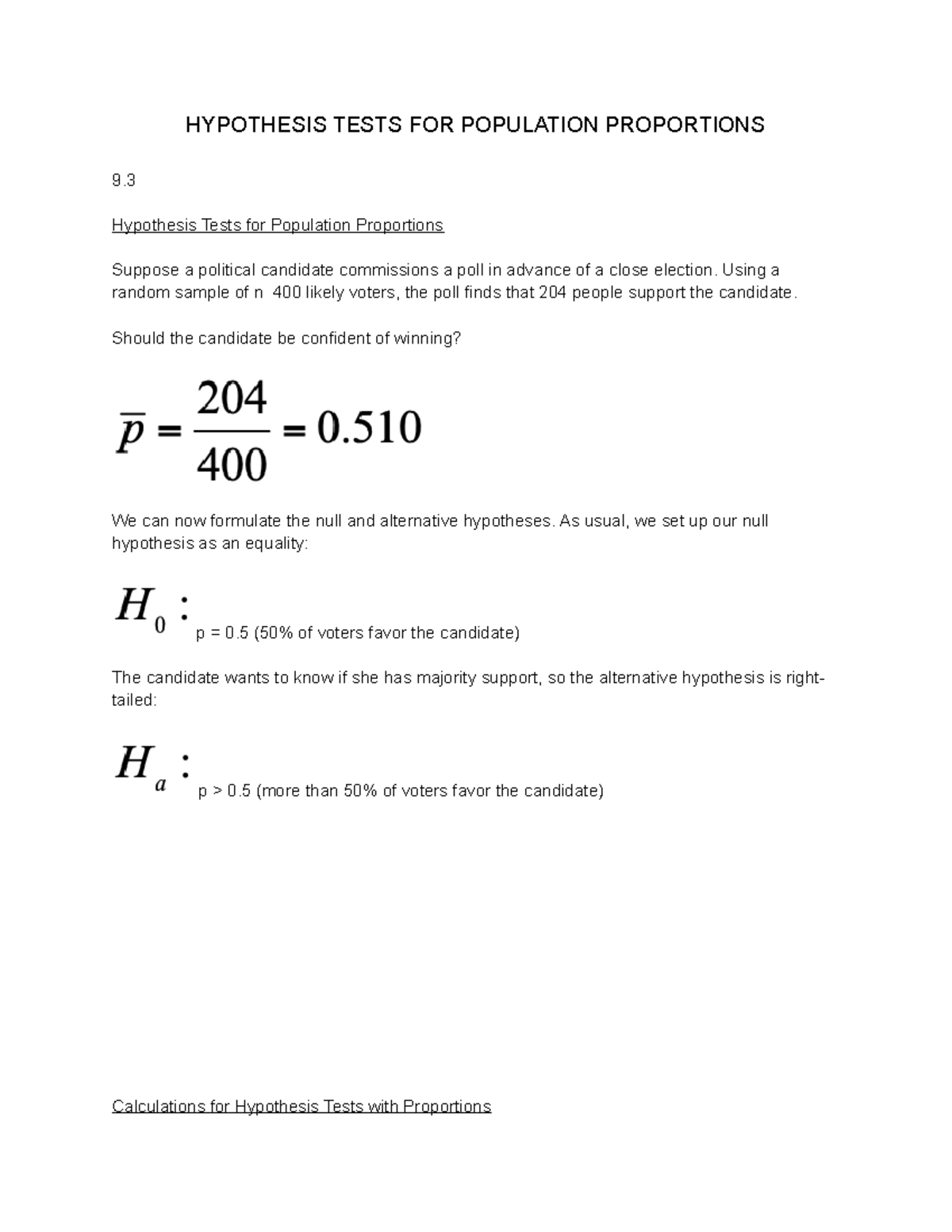 MTH 155 Chapter 9.3 Notes Hypothesis Tests for Population Proportions ...