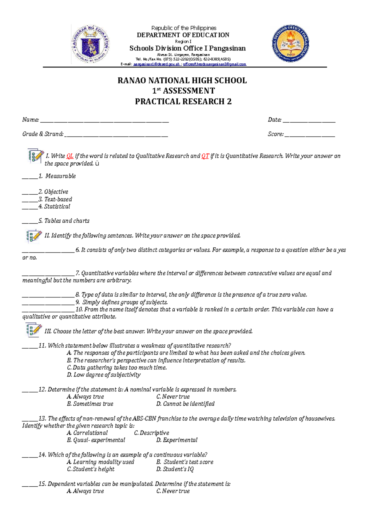 PR2 Assessment 1 - Republic of the Philippines DEPARTMENT OF EDUCATION ...