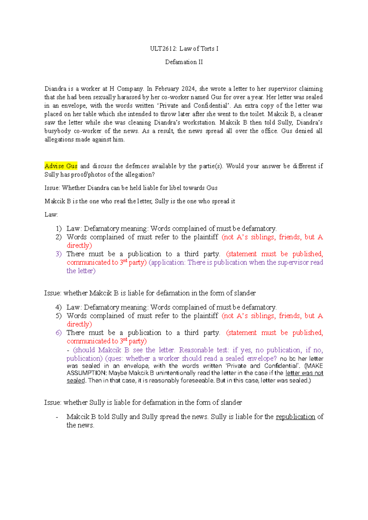 Torts Tutorial week 14 - ULT2612: Law of Torts I Defamation II Diandra is a worker at H Company ...