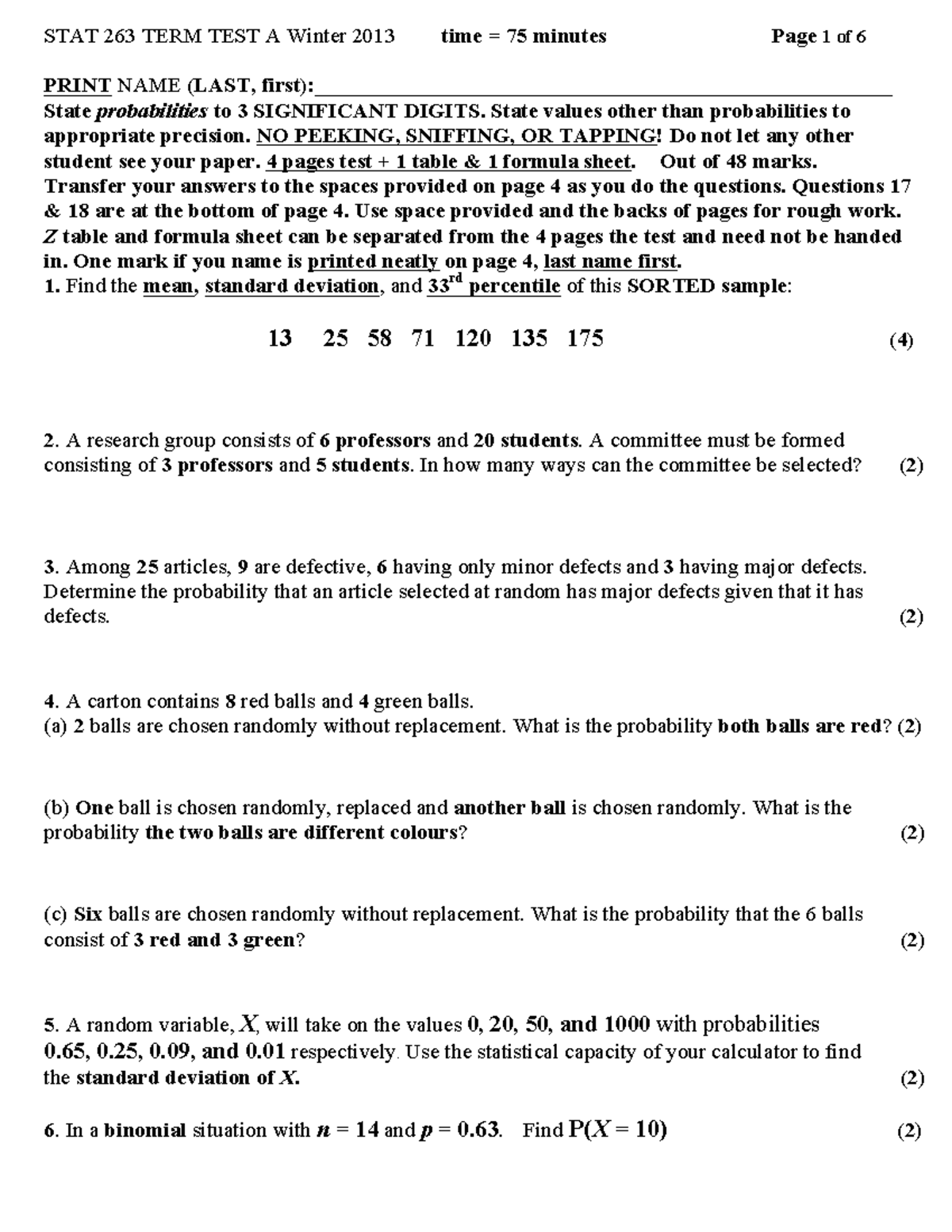 13 W TERM TEST 2021 - STATS EXAM - STAT 263 TERM TEST A Winter 2013 ...