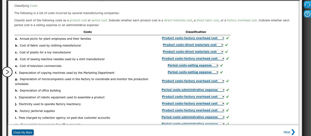 Cengage ACC 202 PR.01.02A PT1 - Classifying Costs The following is a list of costs incurred ...