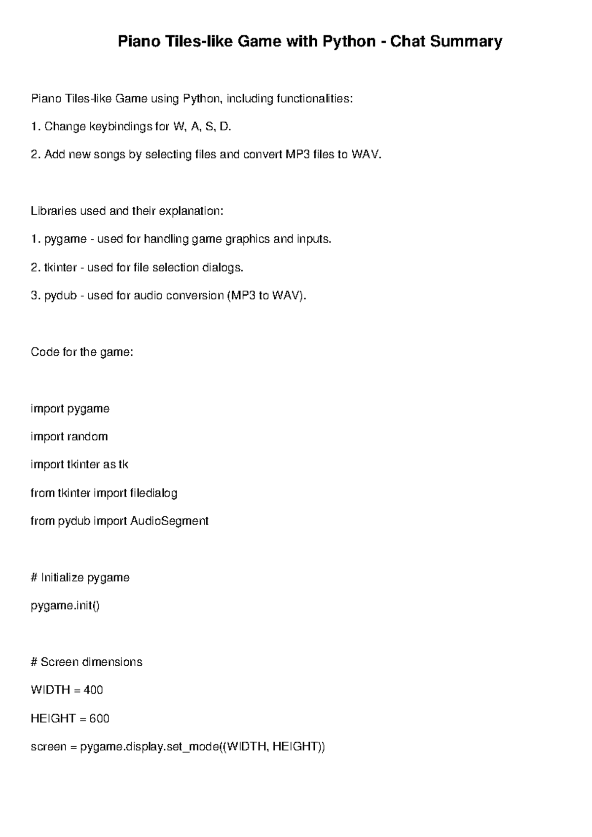 Piano tiles game with python - Piano Tiles-like Game with Python - Chat Summary Piano Tiles-like ...