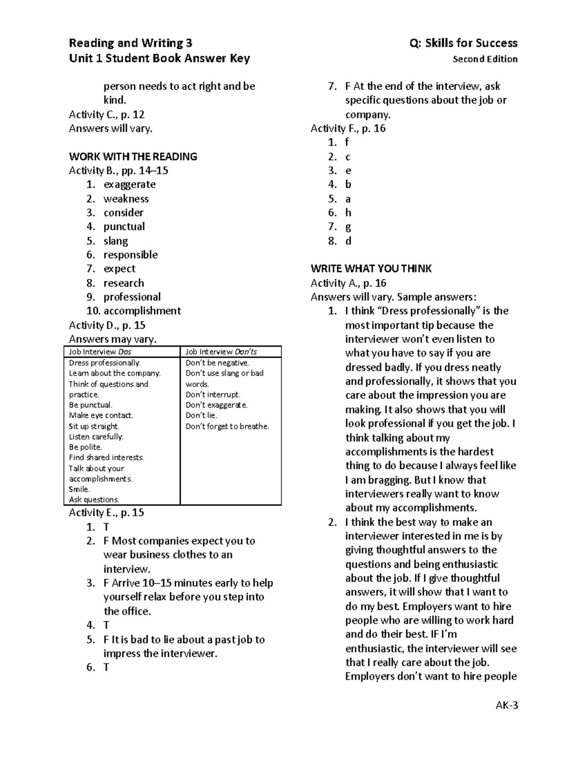 U01 answerkey reading 2 - Reading and Writing 3 Q: Skills for Success ...