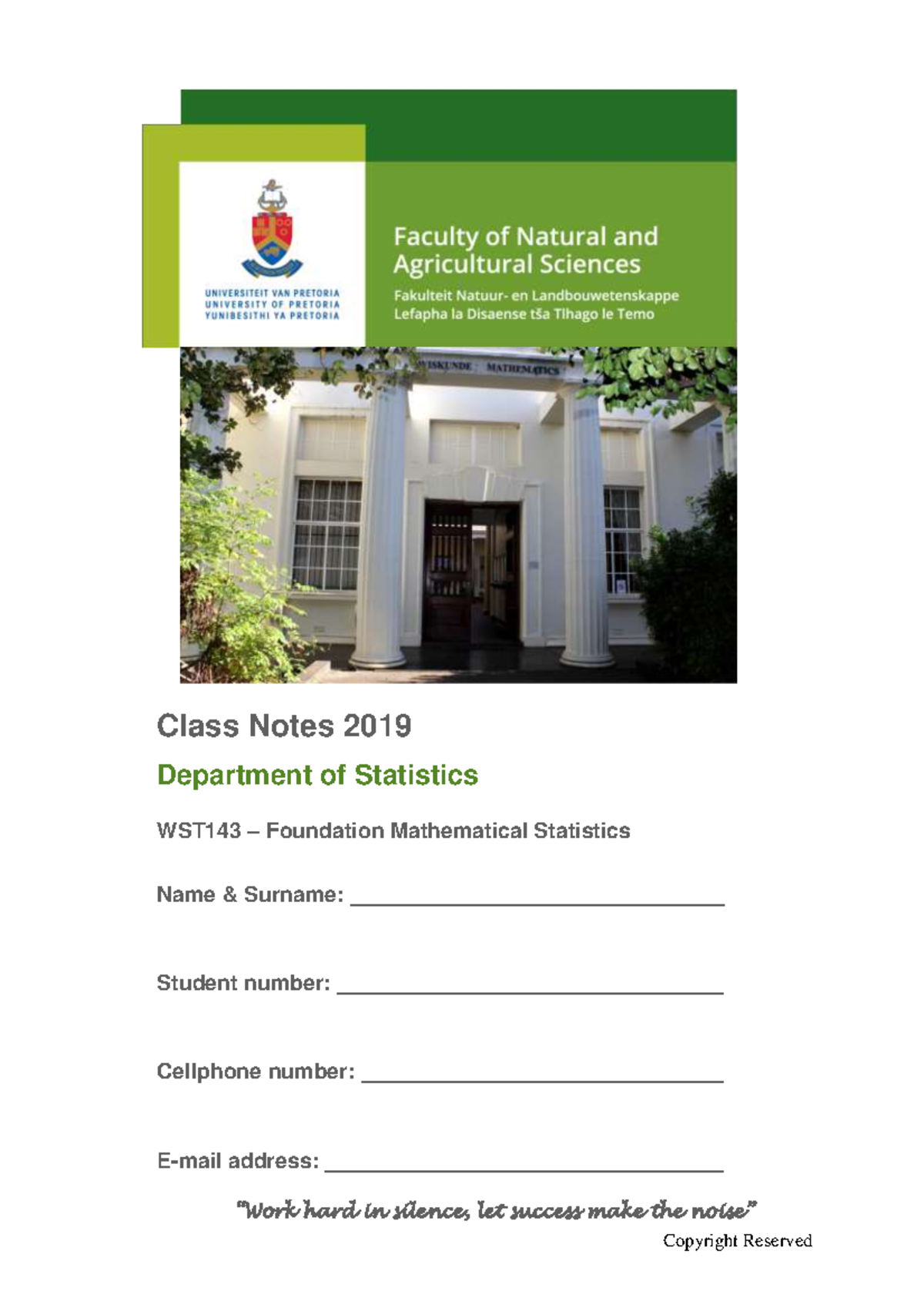 WST143 - Class Notes - Class Notes 2019 Department of Statistics WST143 ...