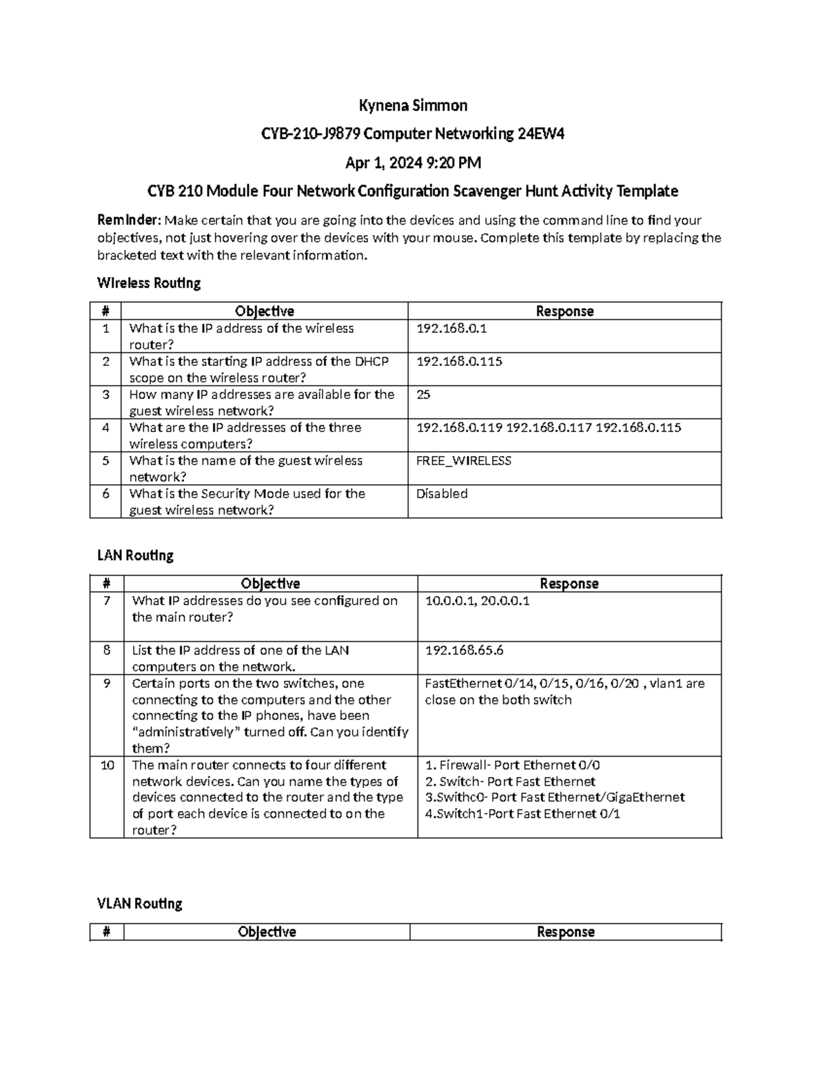 Cyb 210 Module Four Network Configuration Scavenger Hunt Activity Template Complete This