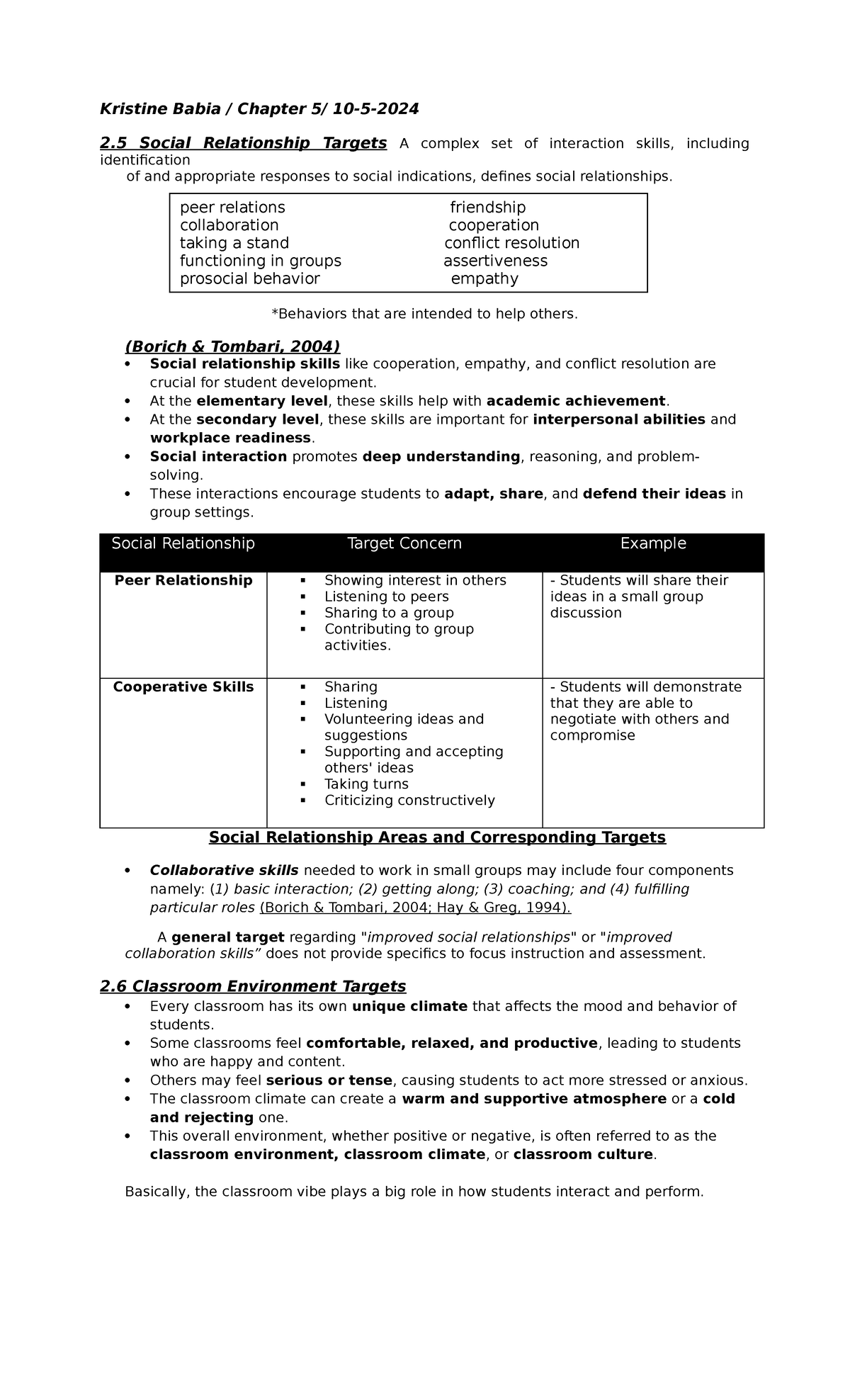 EDUC 7- Report (Handouts) - Kristine Babia / Chapter 5/ 10-5- 2 Social Relationship Targets A ...