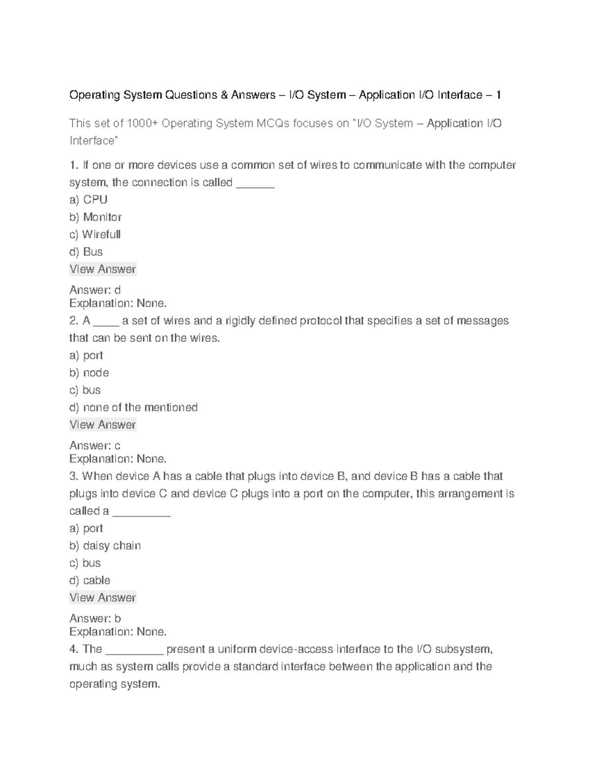 Os Set 7 I O Systems Summary On Operating System Operating System Questions And Answers Io