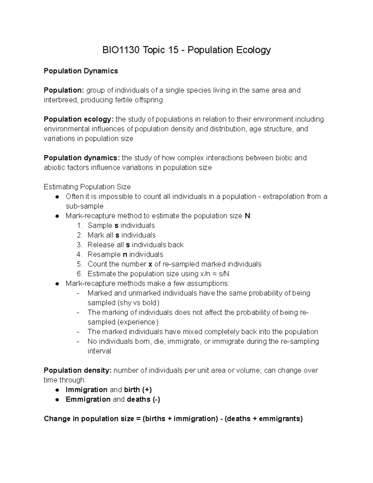 BIO1130 Topic 15 - BIO1130 Topic 15 - Population Ecology Population ...