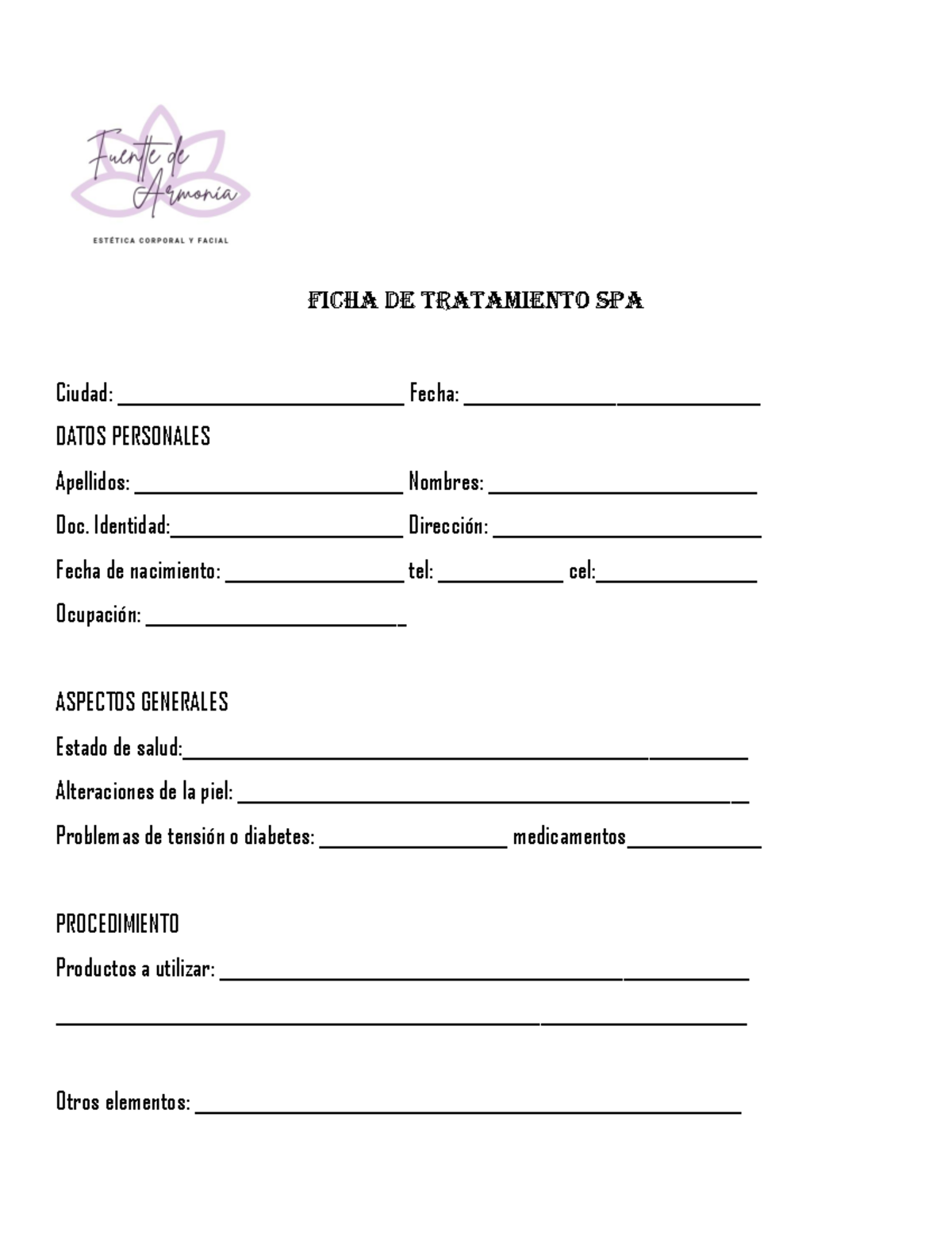 Ficha DE Tratamiento SPA - FICHA DE TRATAMIENTO SPA Ciudad ...