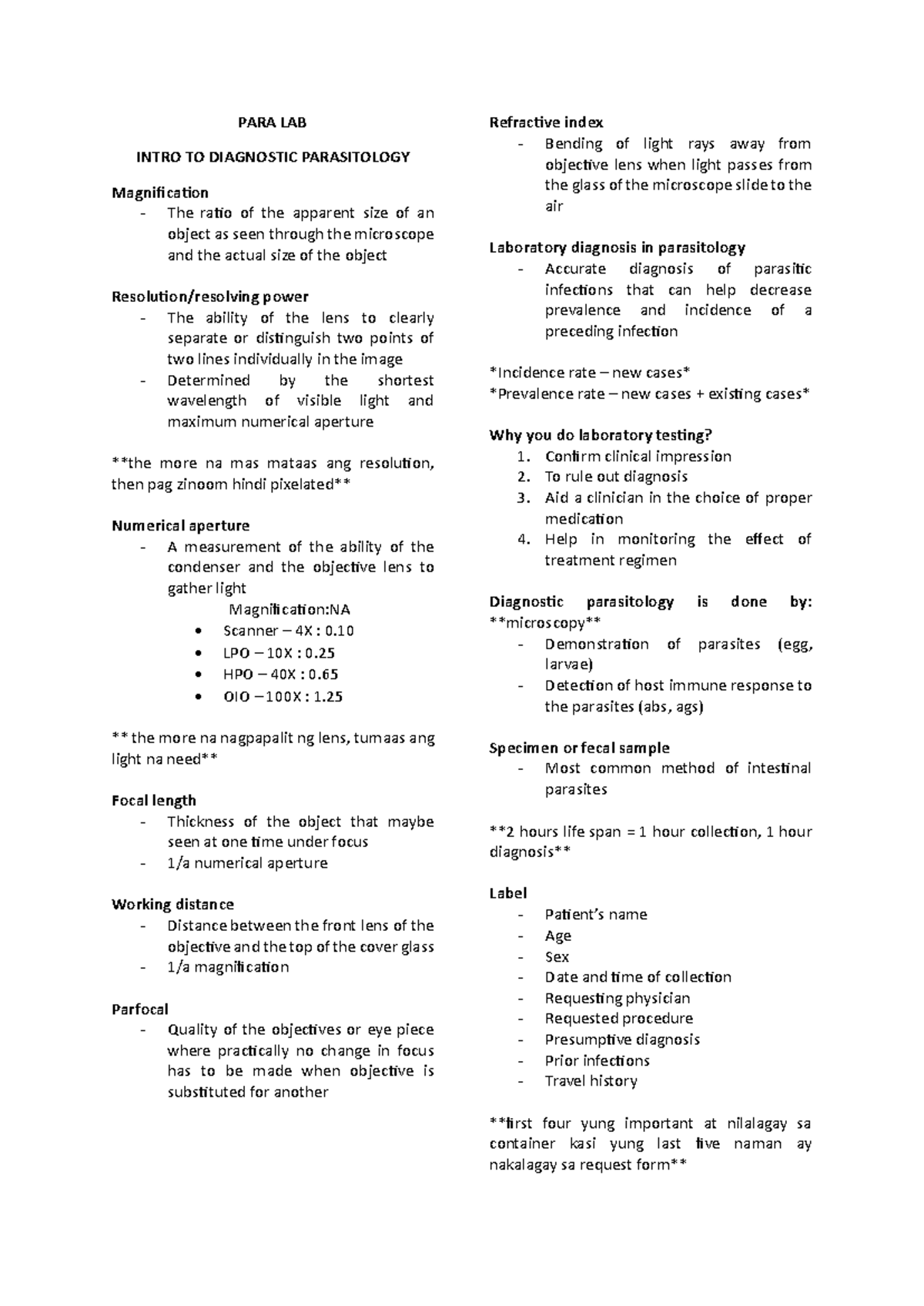 PARA LAB WEEK 1 - PARA311 - PARA LAB INTRO TO DIAGNOSTIC PARASITOLOGY ...