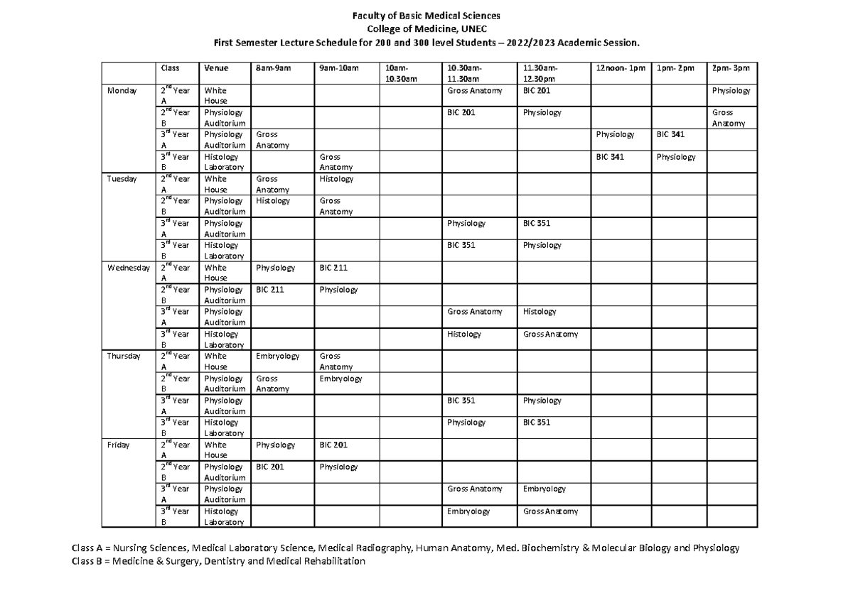 First Semester Lecture Timetable - Faculty of Basic Medical Sciences ...
