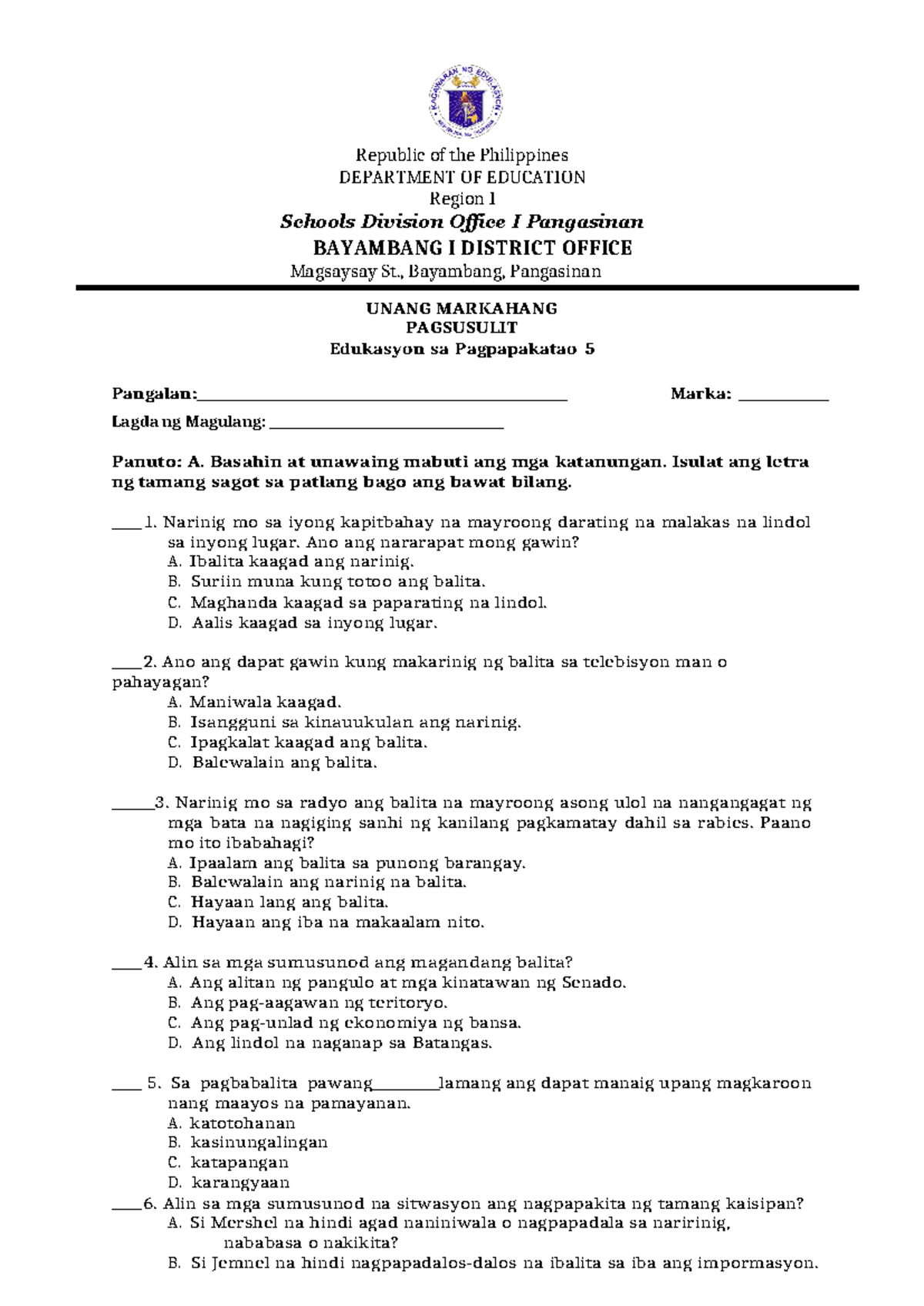 ESP Grade 5 Validated TEST Questions - Evelyn Sabangan - Republic of ...