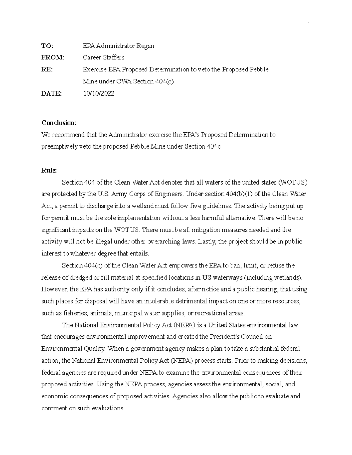 Writing Assignment 2 - TO: EPA Administrator Regan FROM: Career ...