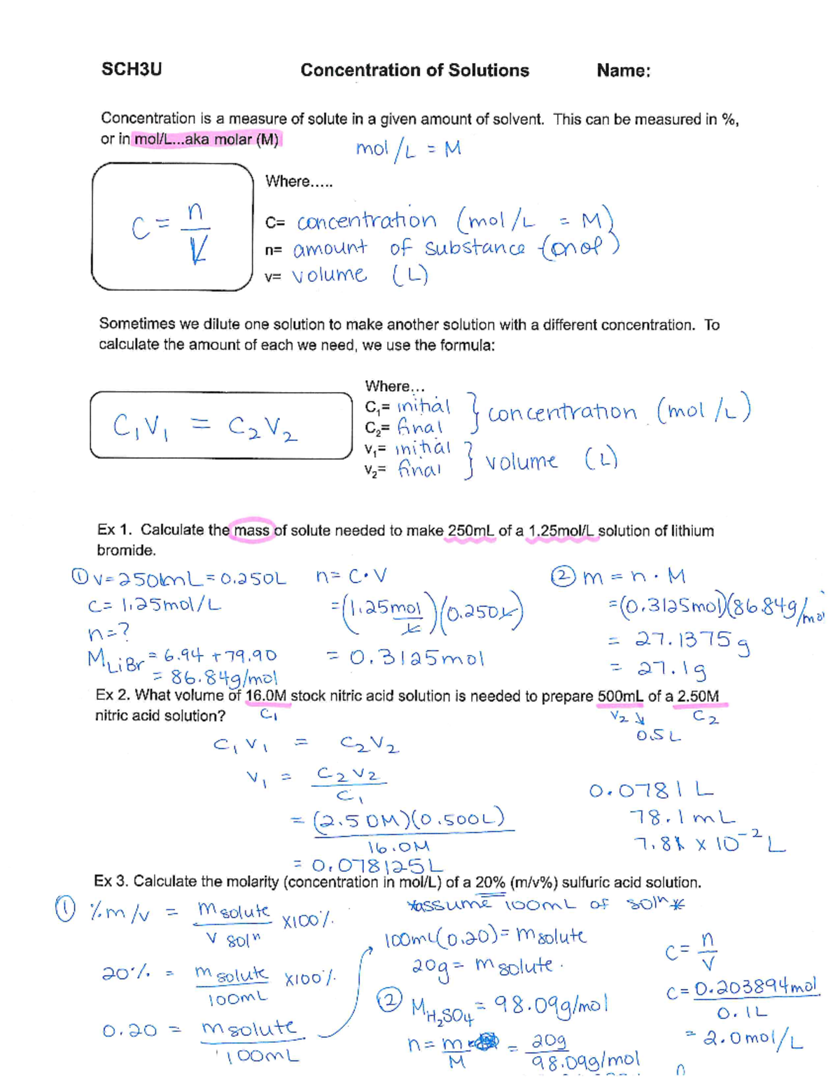 5.04 Complete Note Molarity of Solutions - SCH3U Concentration of ...