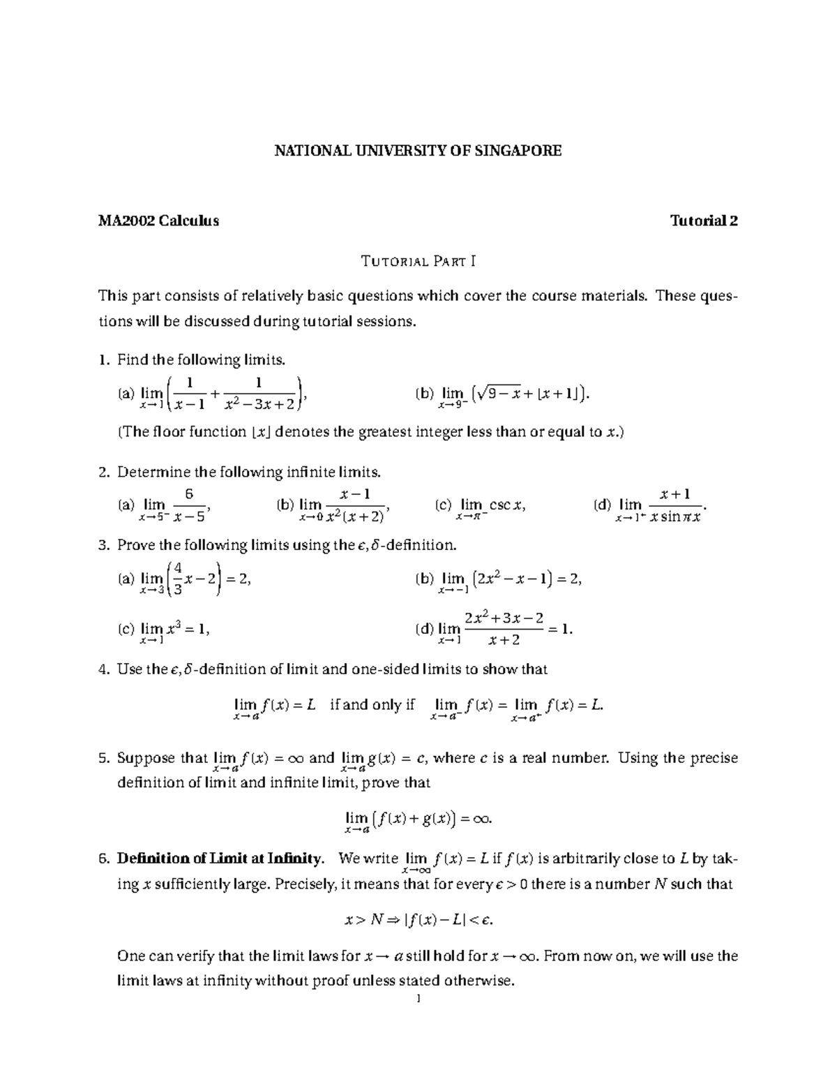 Tutorial 2 - NATIONAL UNIVERSITY OF SINGAPORE MA2002 Calculus Tutorial 2 TUTORIAL PART I This ...