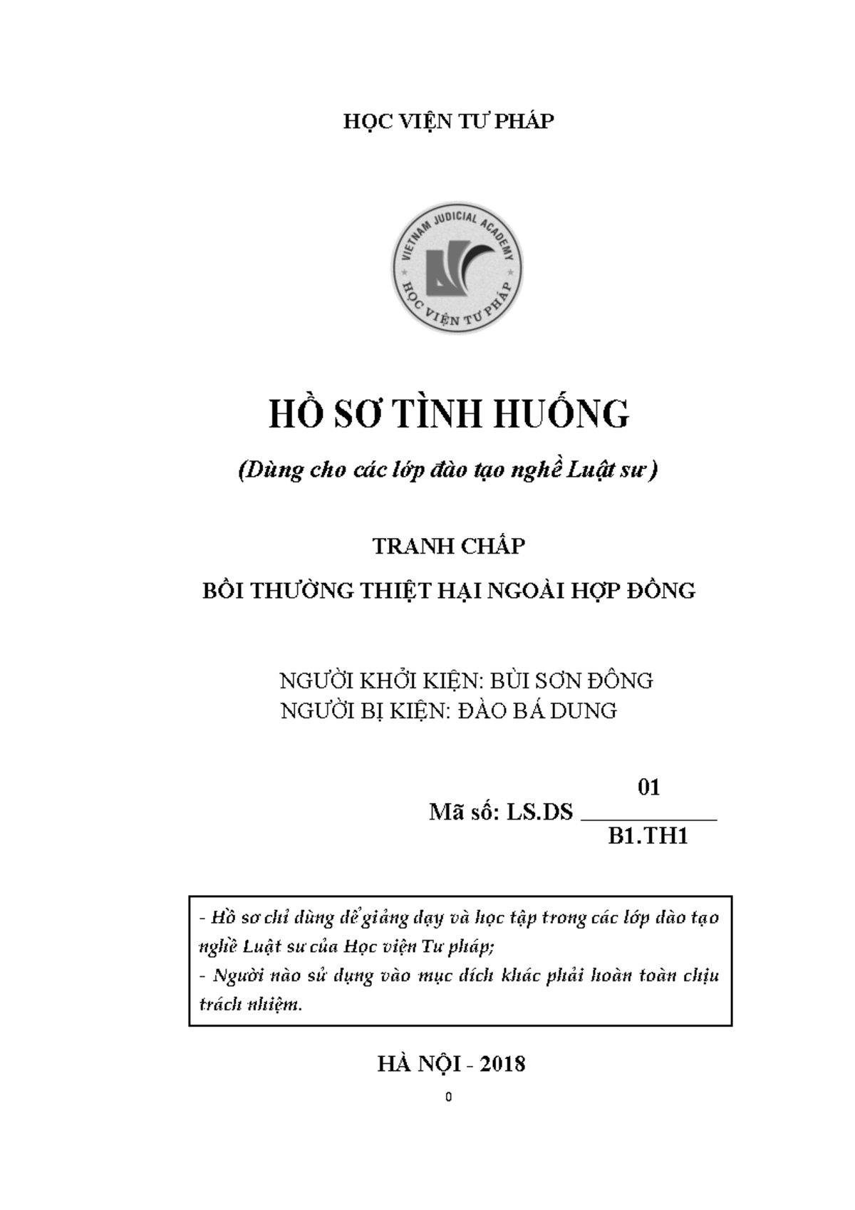 Ho so dan su so 01 DS 2018 - efwf - HỌC VIỆN TƯ PHÁP HỒ SƠ TÌNH HUỐNG ...