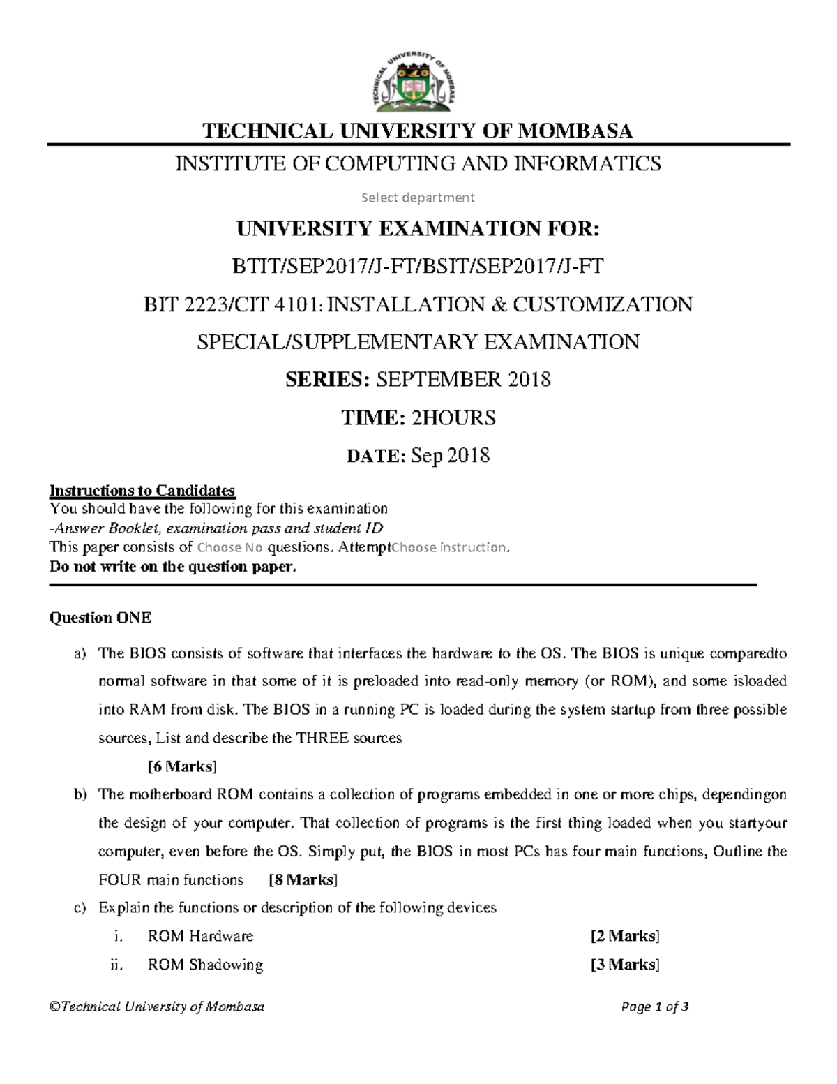 BIT 2223 - Installation AND Customization(Paper II) - ©Technical University of Mombasa Page 1 of ...