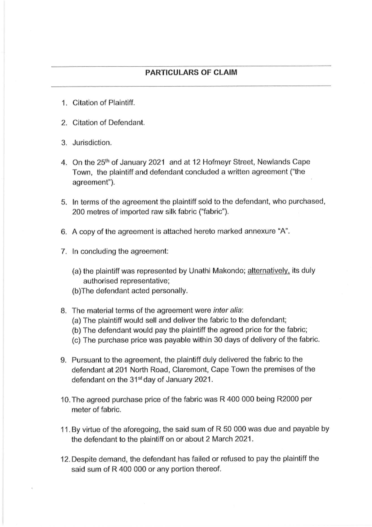 POC Trial - Structure of a POC - PARTICULARS OF CLAIM 1. Citation of Plaintiff. 2. Citation of ...