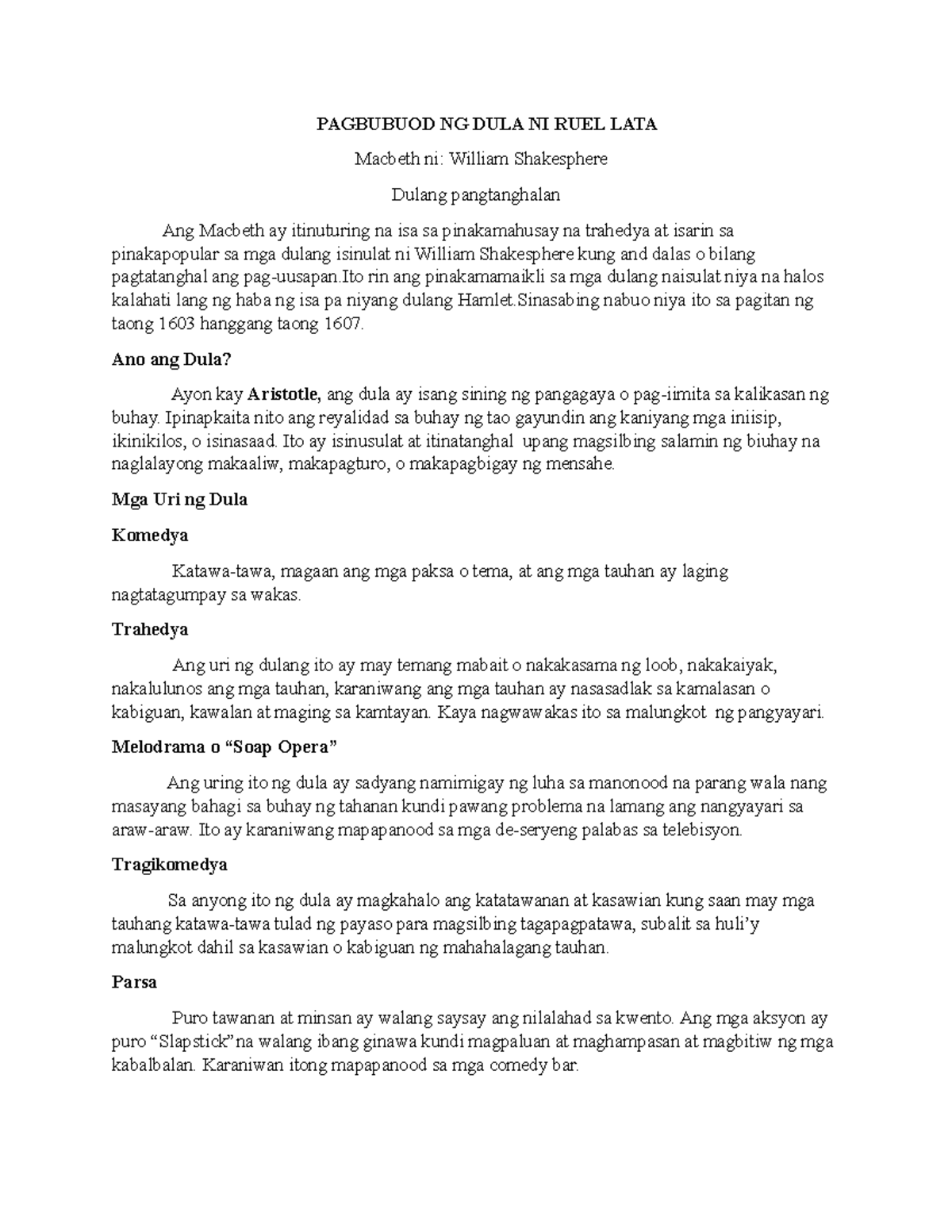 Pagbubuod NG DULA NI RUEL LATA - PAGBUBUOD NG DULA NI RUEL LATA Macbeth ...