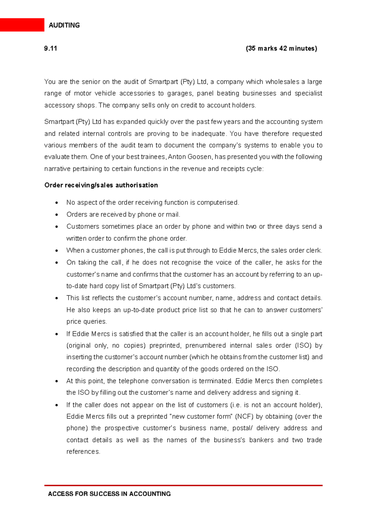 AUD - Cycle 2 - Tutorial Question - ACCESS FOR SUCCESS IN ACCOUNTING AUDITING 9 .11 ( 35 marks ...