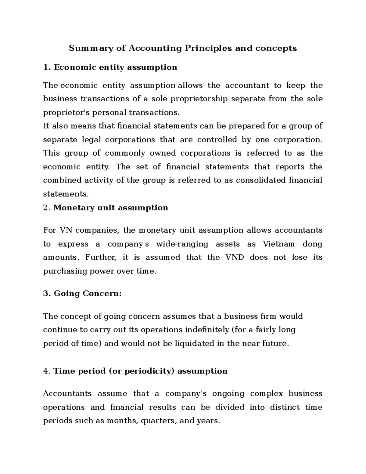 Summary of Accounting Principles and concepts - Summary of Accounting ...