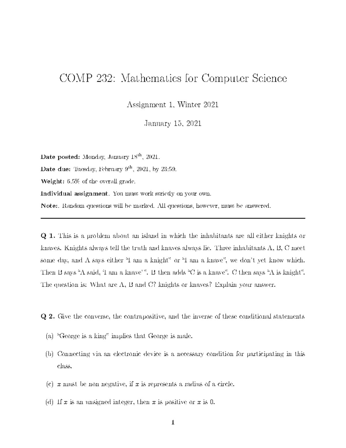 Comp232.2021w.a01 - comp 232 assignment 1 - P t ♠ t s ♦r ♦♠♣ t r ♥ - Studocu