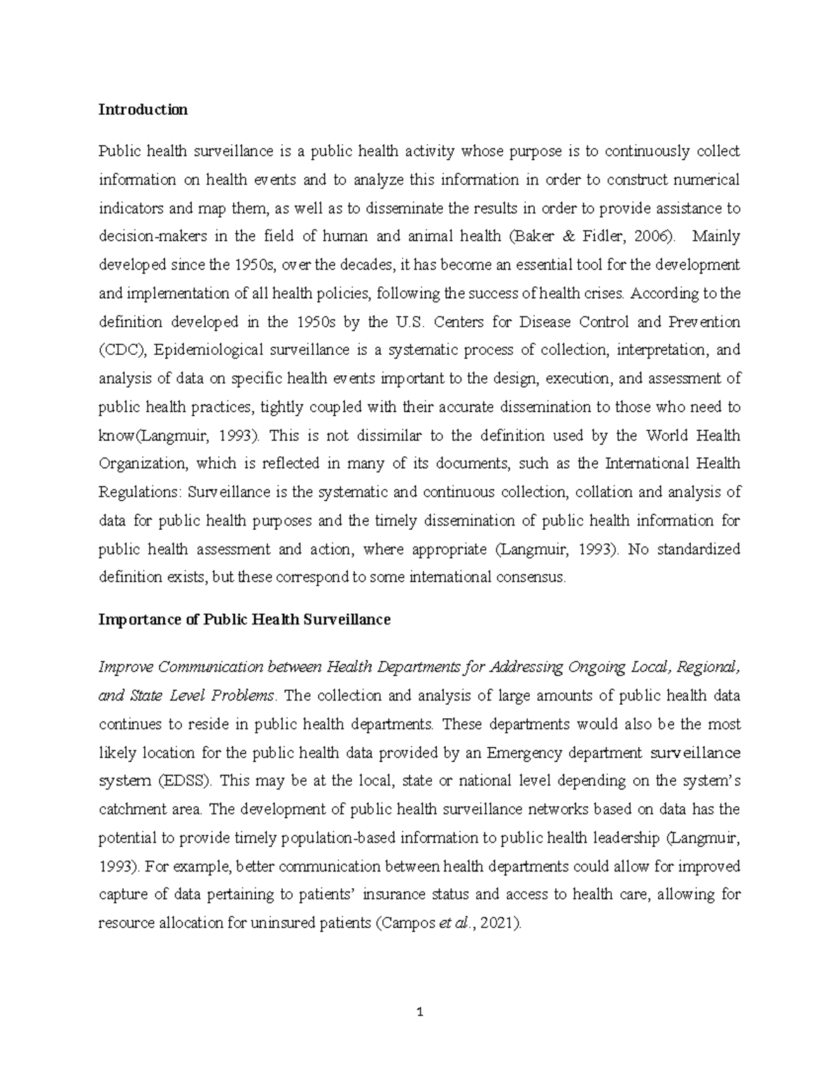 Public Health Surveillance Work - Introduction Public health surveillance is a public health ...